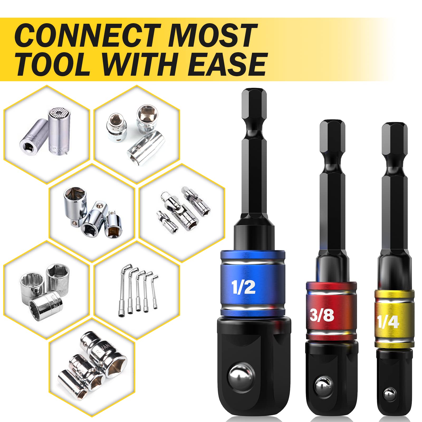 Tools Impact Socket Adapter Set: 1/4" 3/8" 1/2" Impact Driver Bit Set Hand Power Wrench Ratchet Drill Adapter Driver Bit Hex Nut With Holder, Cool Stuff Gadgets for Men Him Dad Birthday Gifts Ideas