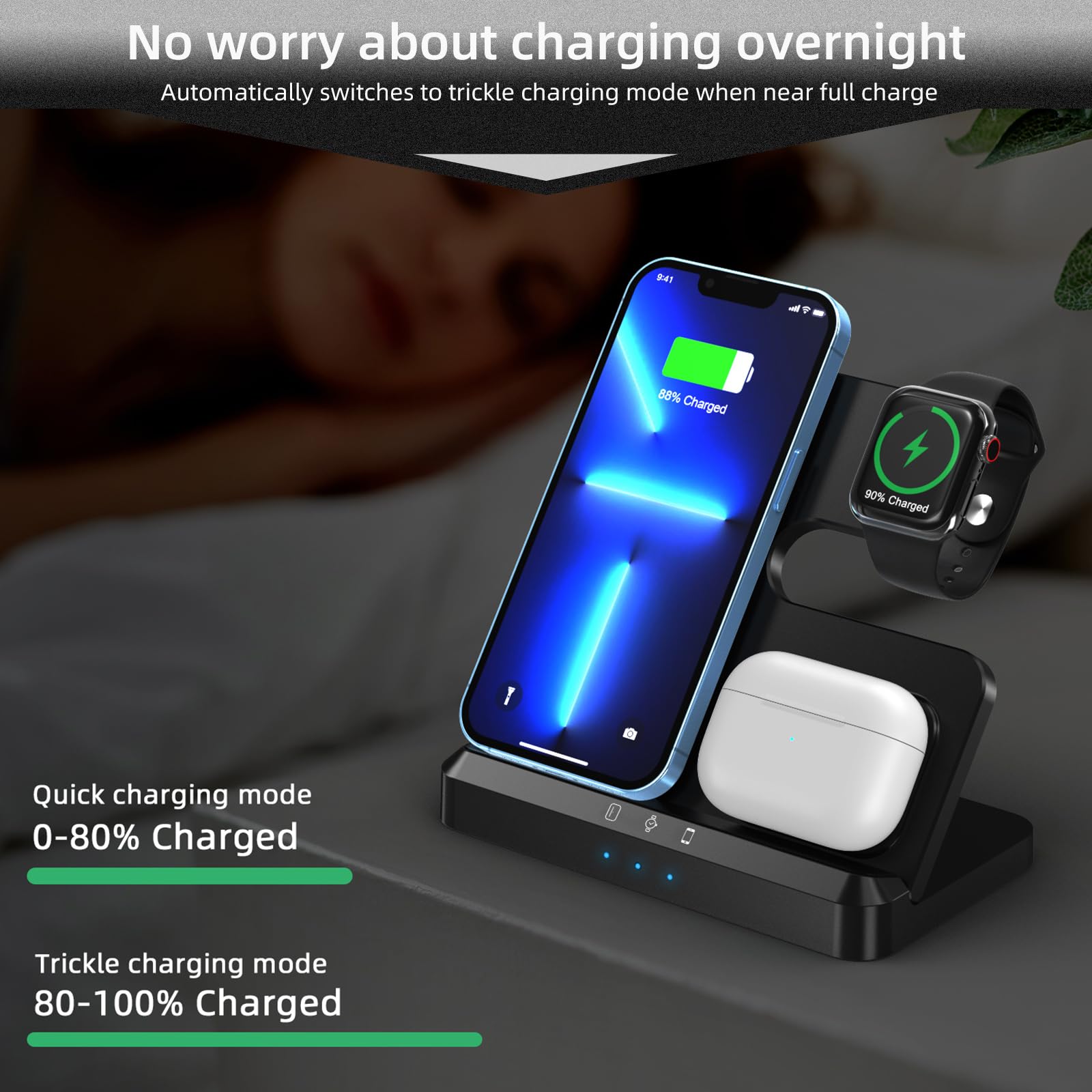 Wireless Charger for iPhone, 3 in 1 Wireless Charging Station for iPhone 15 14 13 12 11 Pro Max/X/8, Apple Watch Series 9 8 Ultra 7 6 SE 5 4 3,AirPods Pro 2 Black