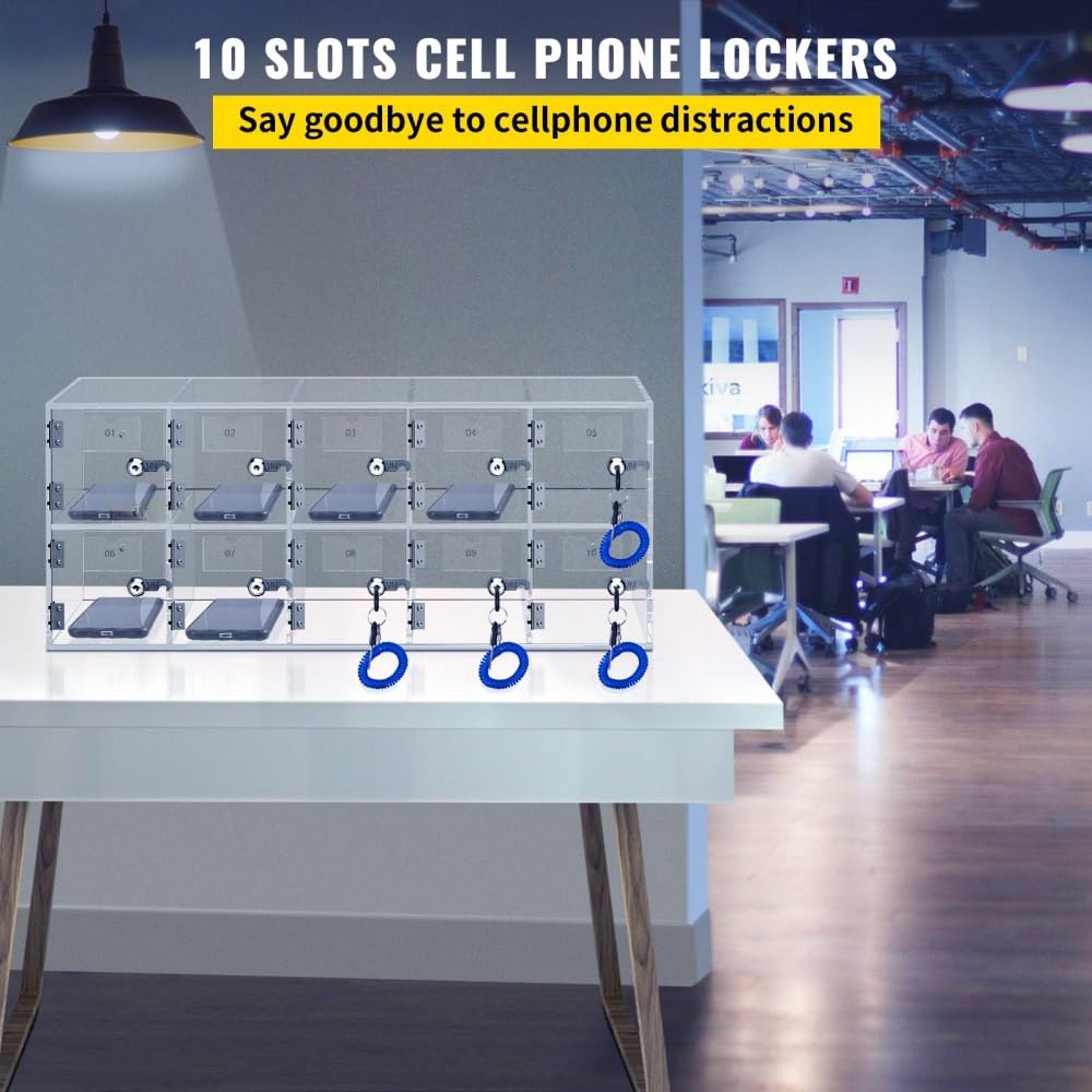 WACTO Acrylic Wall-Mounted Cell Phone Storage Locker with 10 Slots, Door Locks and Keys - Ideal for Office, Classroom, Gym - Clear