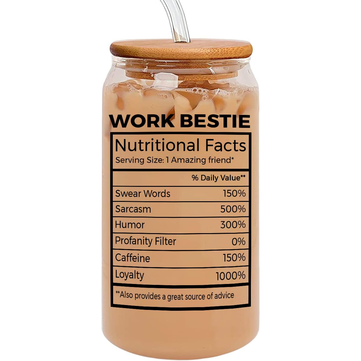 Work Bestie Nutritional Facts Glass Can with Lids And Straw- Work Bestie Definition Friendship, Funny Gift for Friend, Colleagues, Thank You Gift For Coworkers, Birthday Christmas Gifts, Iced Cup 16oz