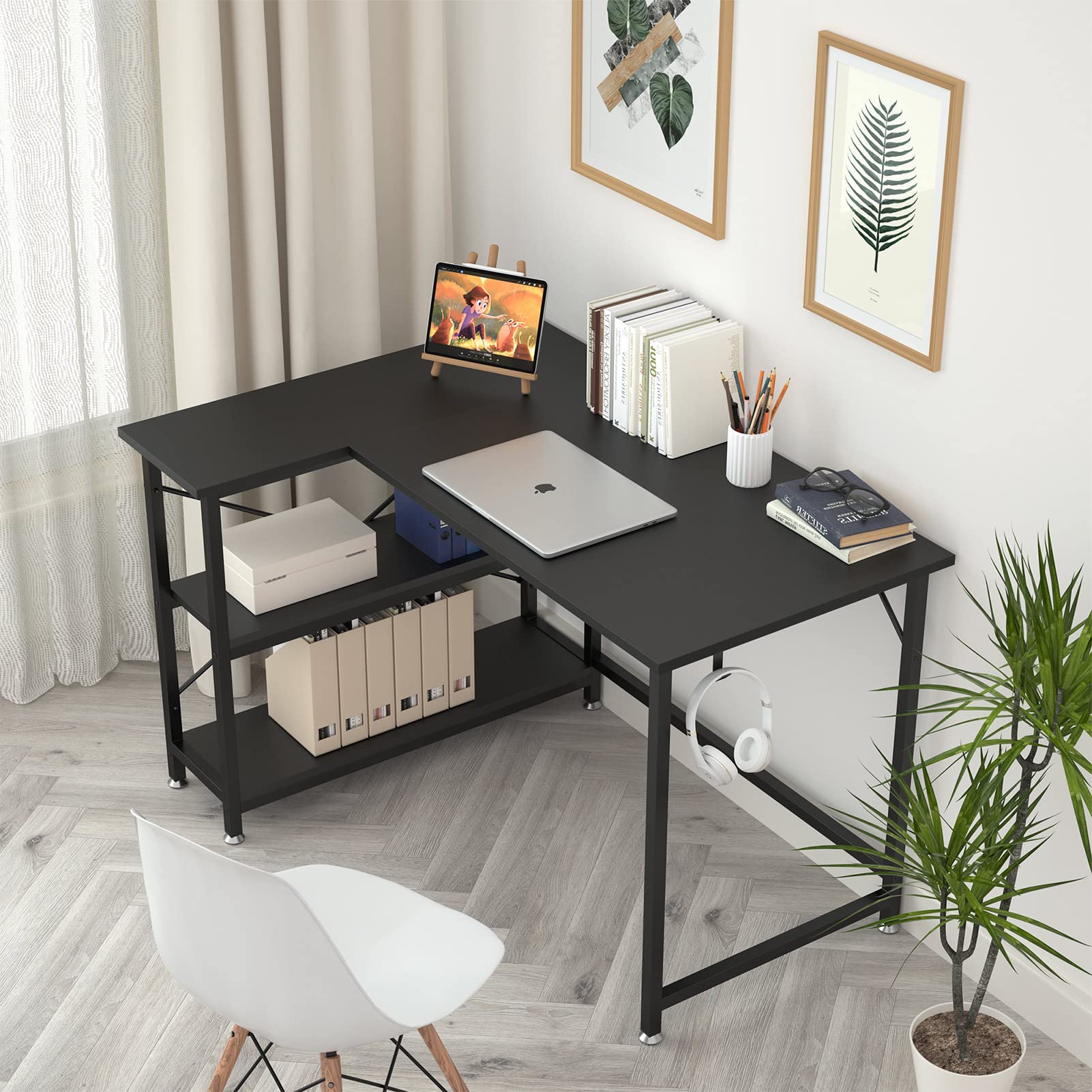 SunyesYo L Shaped Computer Desk 47 in - Small Office Home Gaming Desk with Storage Shelves - Study Writing Corner Table, Reversible Sturdy Workstation, Work PC Desk, Classic Black