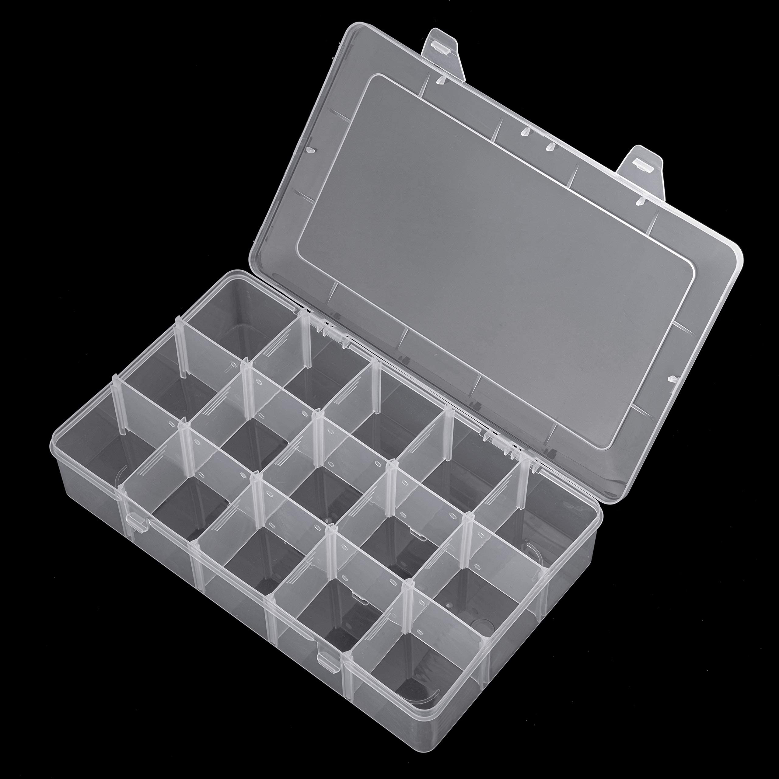 WingsShop 15 Large Grid Organizer Box Clear Plastic Adjustable Compartments Storage Container with Removable Dividers for Beads, Washi Tape Sewing Arts Small Parts Jewelry Earring Crafts and Tackle