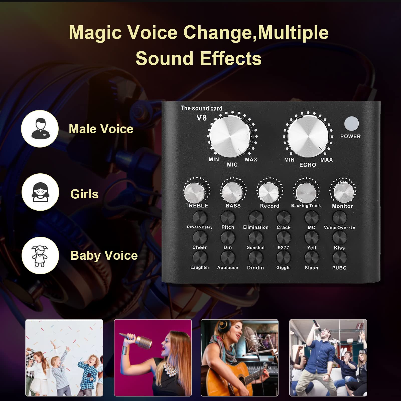 V8 Bluetooth Voice Sound Card,Multifunctional Live Audio Mixer Sound Card,USB Interface Sound Card with Multiple Funny Sound Effect for Recording Live Hosting
