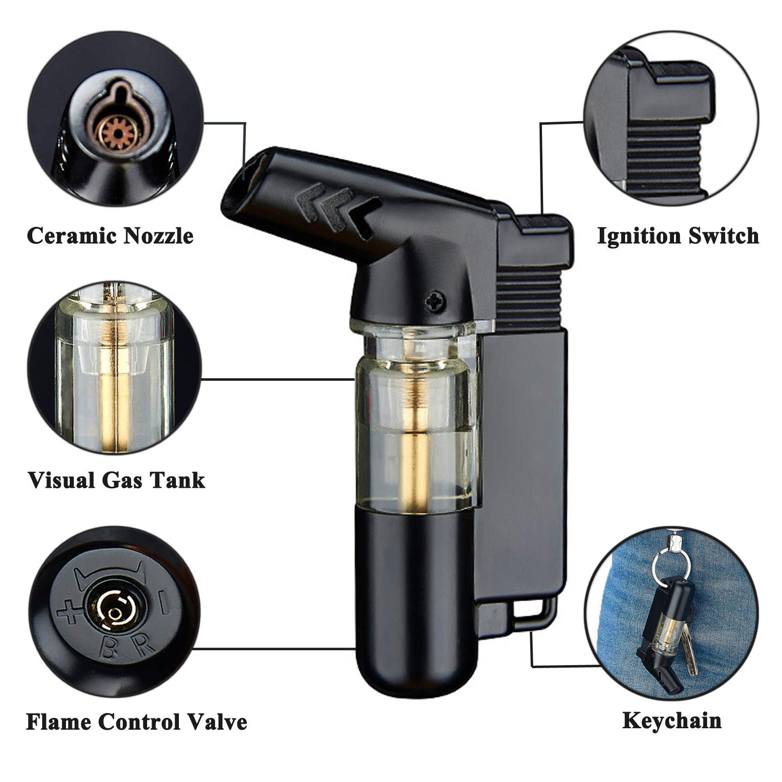 Torch Lighters,Windproof Lighter with Visible Window,Windproof Refillable Lighter,Adjustable Jet Flame,Used for Barbecue Kitchen Fireplace Candles etc,2 Pack(Gas not Included) (Black)
