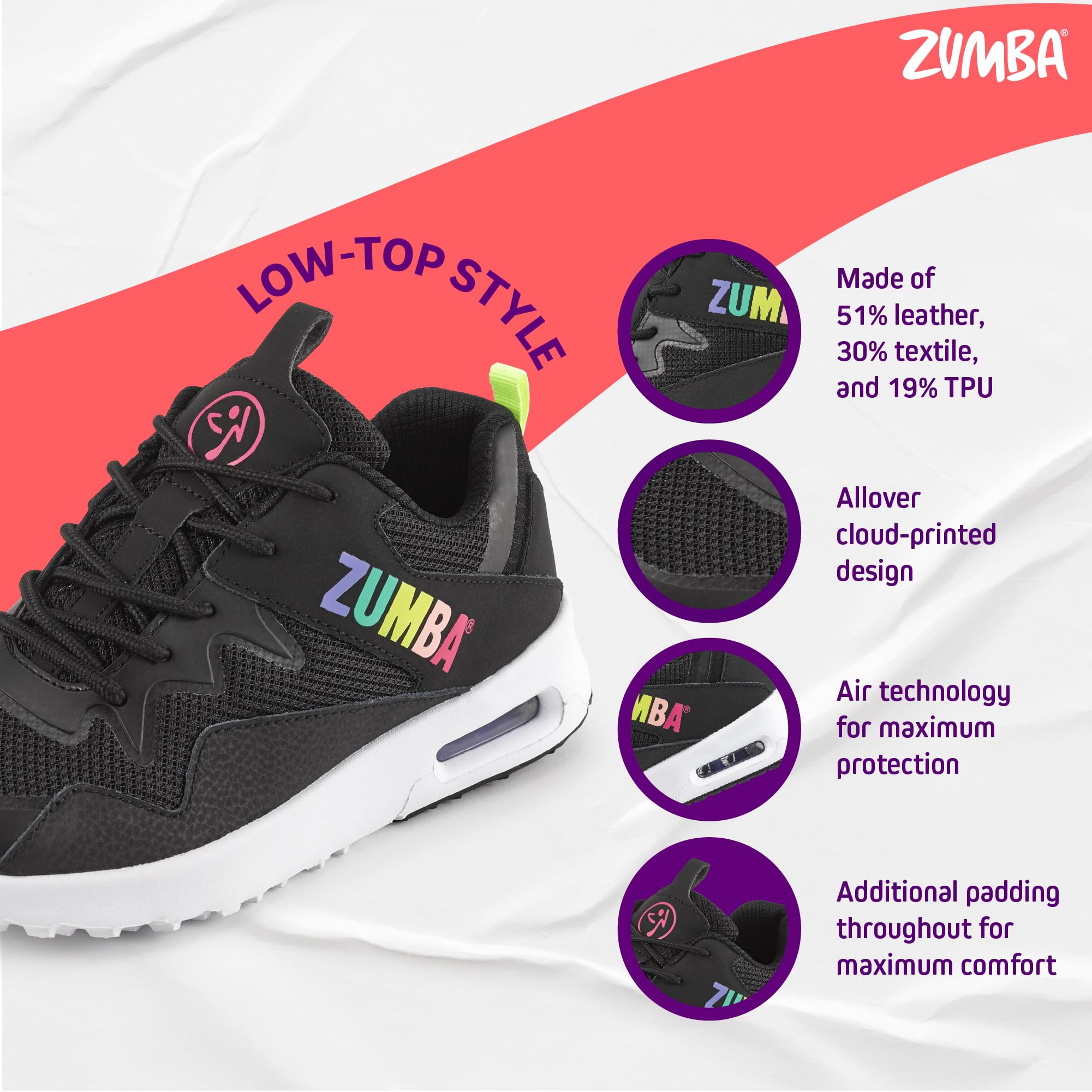 ZUMBA Women’s Air Classic Low-Top Air Cushion Sneakers, 11, Black Multi
