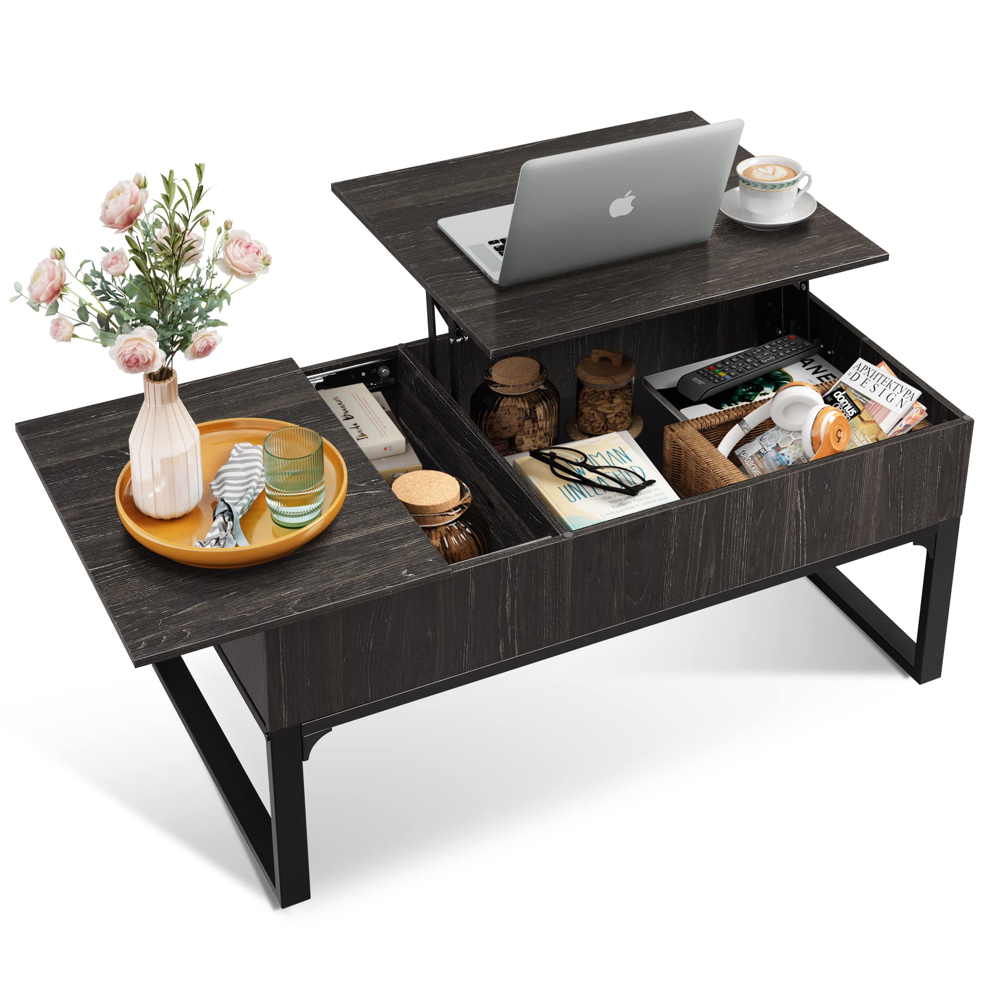 WLIVE Lift Top Coffee Table with Hidden Compartment, Cocktail Table, Rising Center for Living Room, Side Drawer and Metal Frame, Walnut Oak