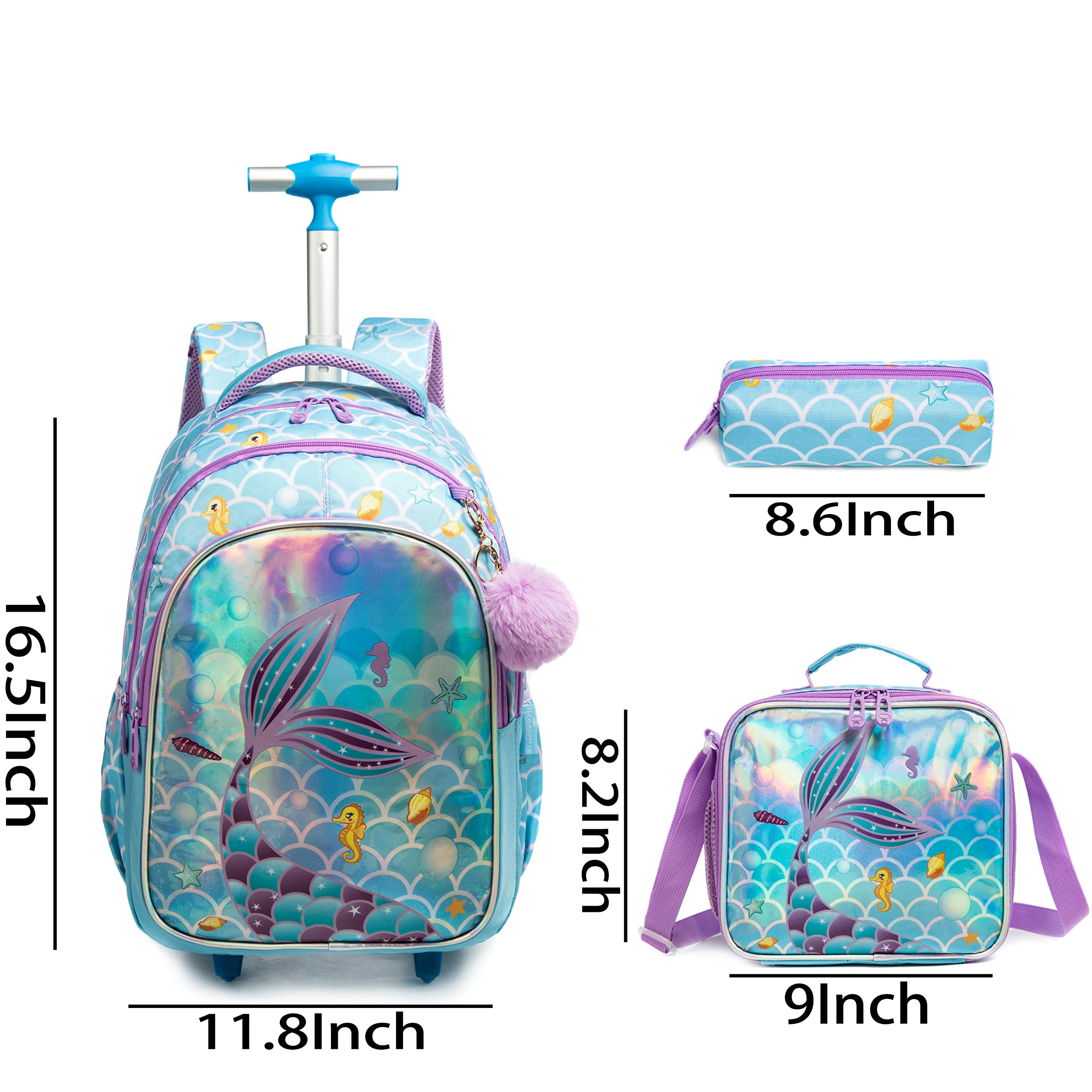 ZBAOGTW Mermaid Rolling Backpack for Gilrs School Backpack with Wheels Roller Wheels Bookbag Trolly Luggage for Elementary