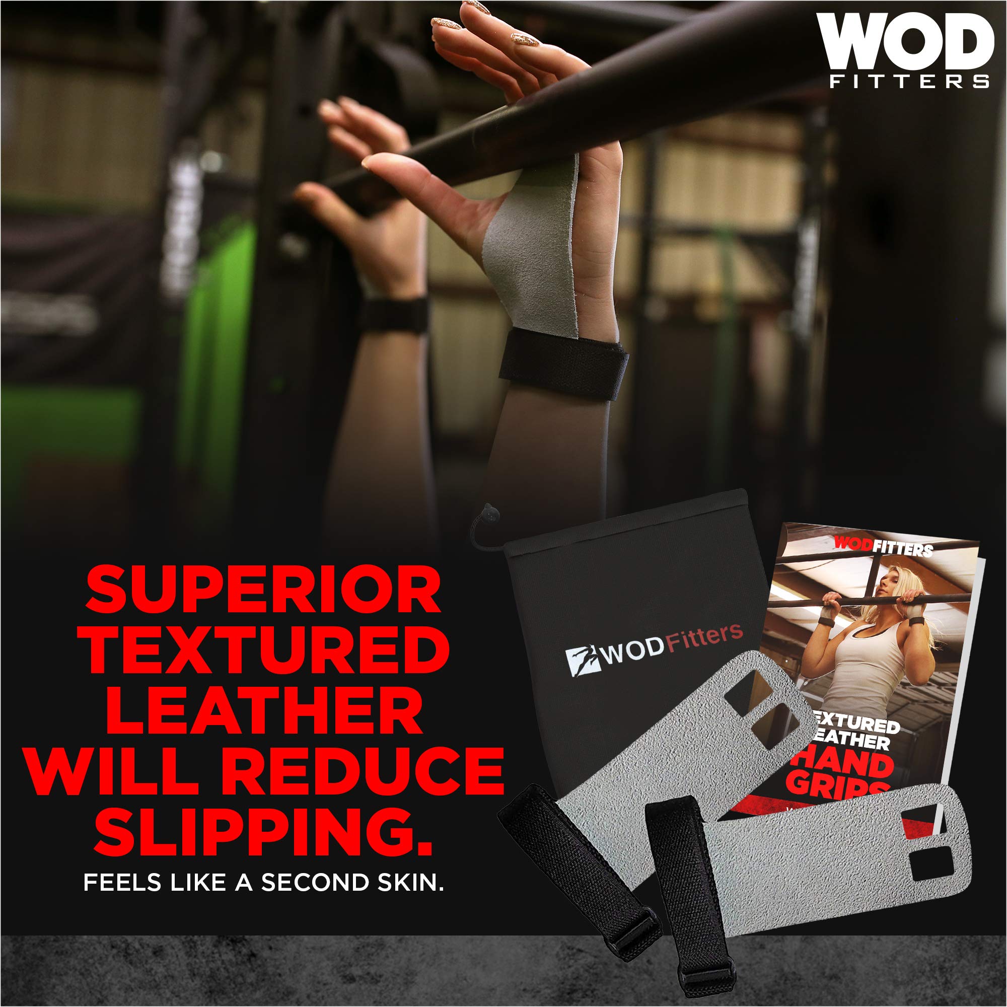 WODFitters Textured Leather Hand Grips for Cross Training, Kettlebells, Powerlifting, Chin Ups, Pull Ups, WODs & Gymnastics – with Grips Storage Pouch, Extra Small