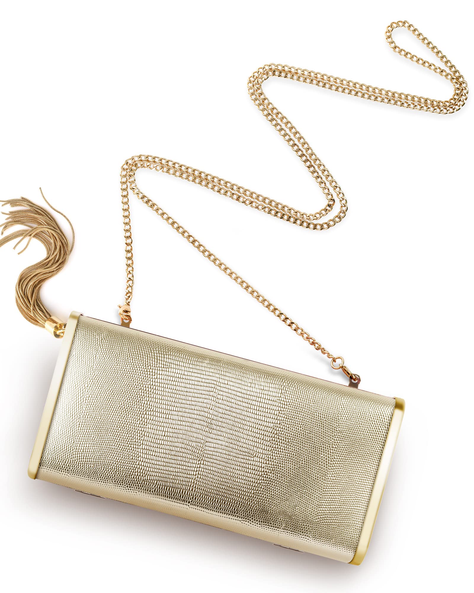Women Gold Clutch Purse Small Box Sparkly Evening Bag in Hardcase with Metallic Tassel for Party Wedding with Gift Packing