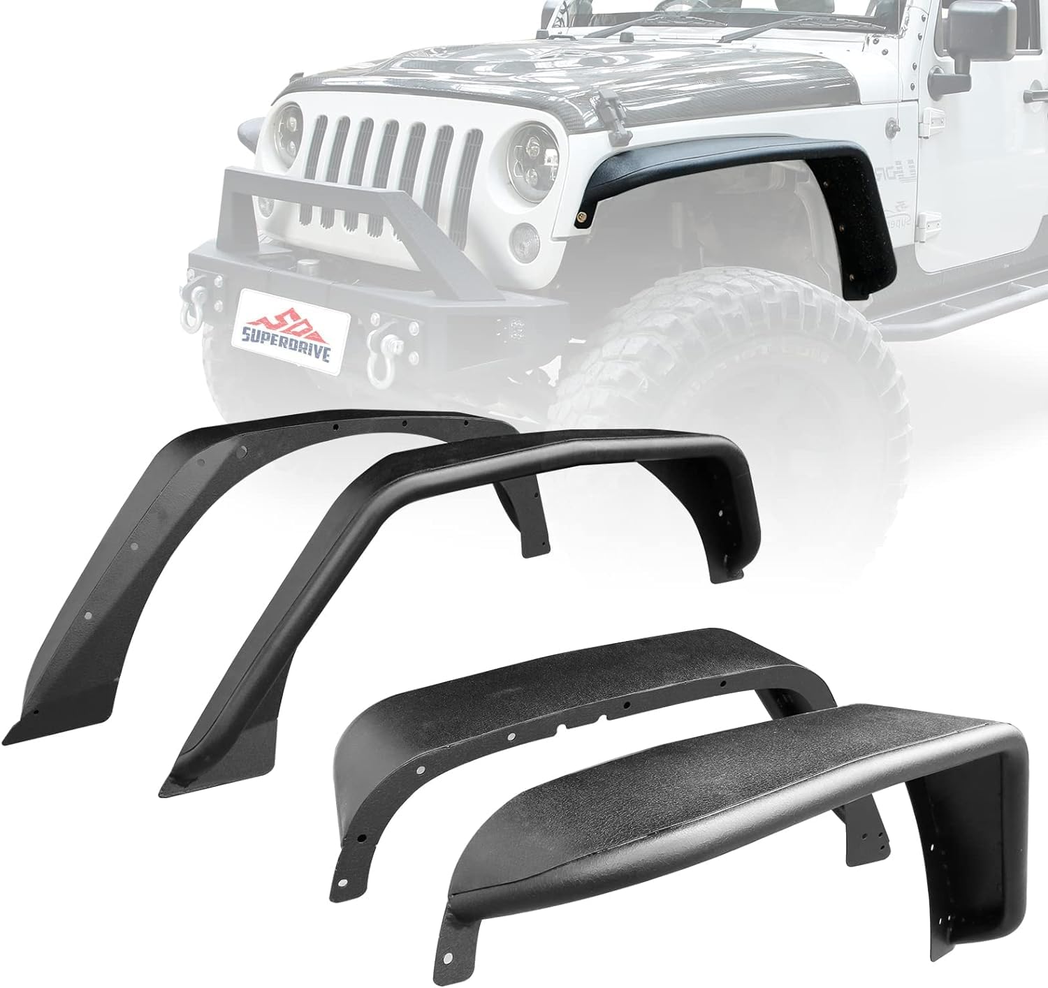 SUPERDRIVE Flat Front&Rear Tubular Fender Flares EXCL.LED Lights Mud Guards Compatible with 2007-2018 Jeep Wrangler JK&JKU 2/4 Door, 4 PCS Heavy Duty Solid Steel Textured Black Off-Road Liner Set