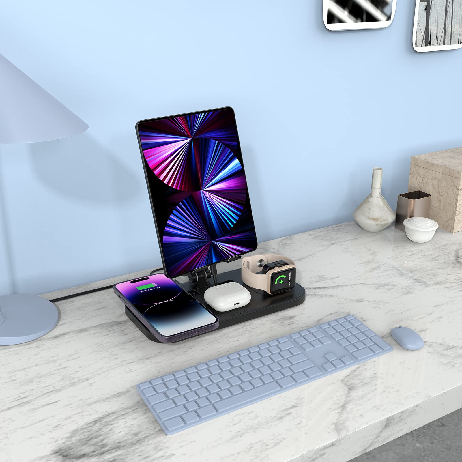Wireless Charging Station, Wired Charger for iPad, 4 in 1 Charging Stand Multiple Devices for Apple - iPhone 15 14 Pro Max 13 12 11 - Watch 8 7 6 5 4 3 2 Se - Airpods 3 2 Pro