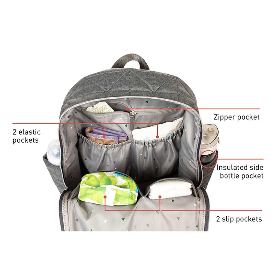 TWELVElittle Companion DiaperBag Backpack (Grey Nylon) 2.0 - Includes Changing Pad. Insulated pockets. Fashionable Diaperbag Backpack