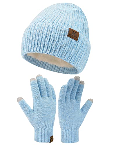 Womens Winter Knit Beanie Hats Touchscreen Gloves Warm Wool Hat and Gloves Set Skull Caps with Fleece Lined