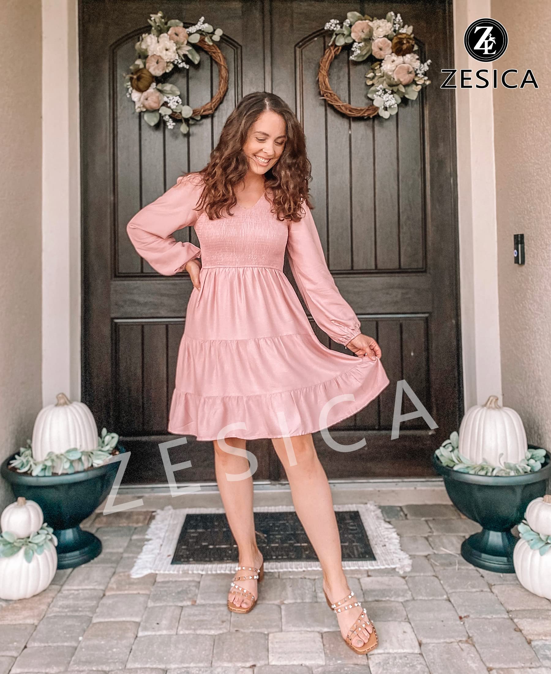 ZESICA Women's Casual V Neck Long Sleeve Smocked High Waist Ruffle A Line Tiered Mini Dress,DarkPink,Medium