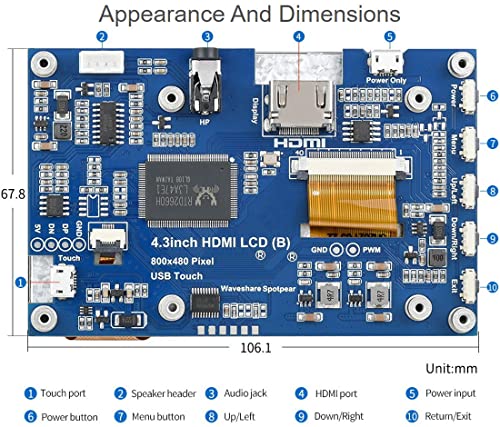 waveshare 4.3inch Capacitive Touch Screen LCD Compatible with Raspberry Pi 5/4B/3B+/3A+/2B/B+/A+/Zero/Zero W/WH/Zero 2W CM3+/4 800×480 Resolution HDMI IPS Supports Jetson Nano/Windows