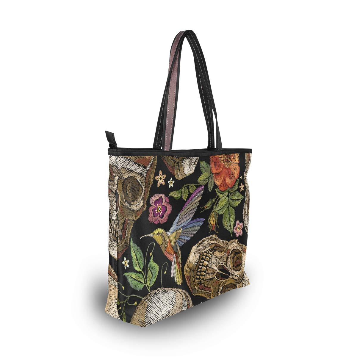 Women Tote Top Handle Shoulder Bags Gothic Skull Red Roses Flamingo Large Zip Ladies Handbag