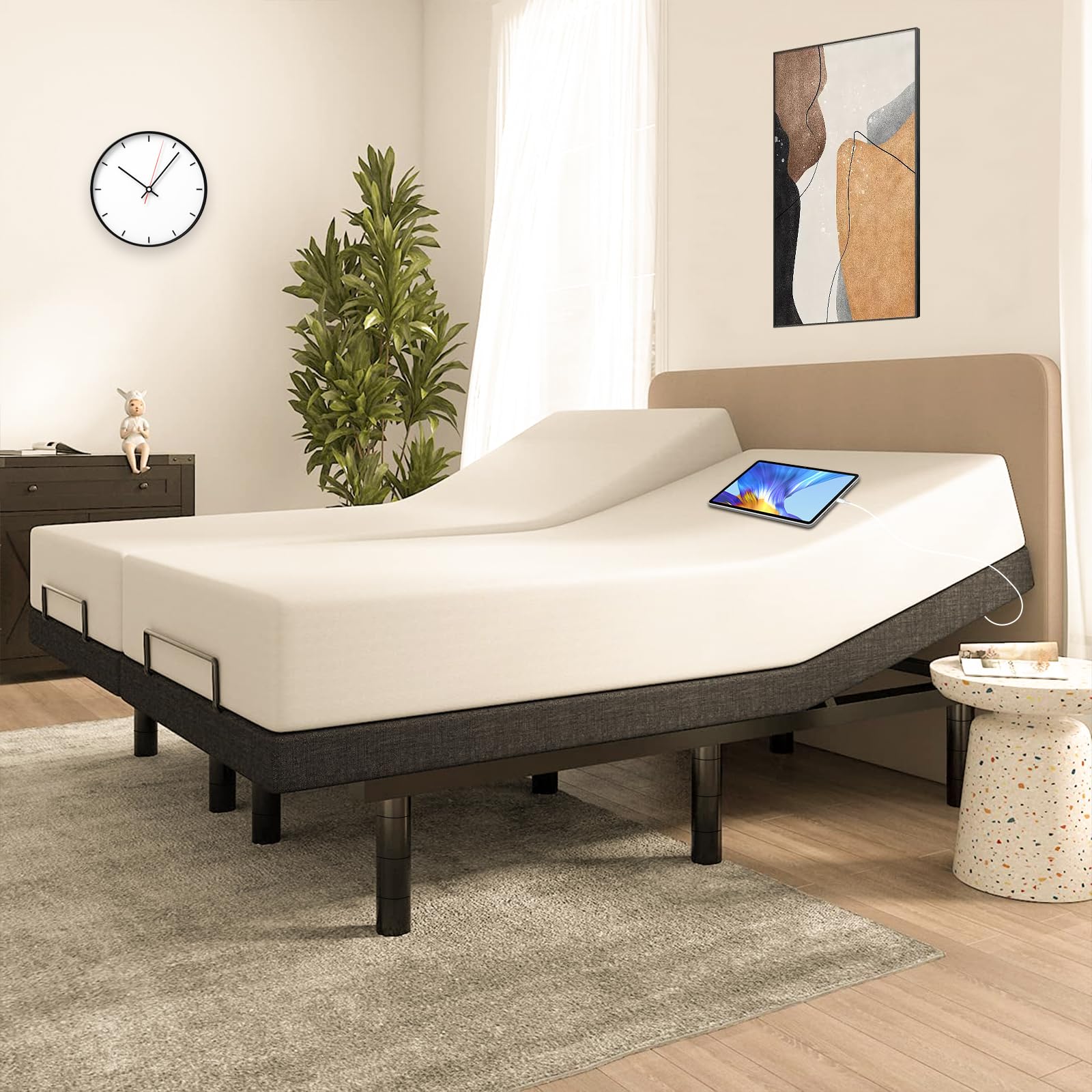 Zevemomo Adjustable Bed Base with USB Charging Station & Adjustable Height Foot, Split King Size Bed Frame with Head and Foot Incline, Wireless Remote Control Ergonomic Upholstered Bed Base