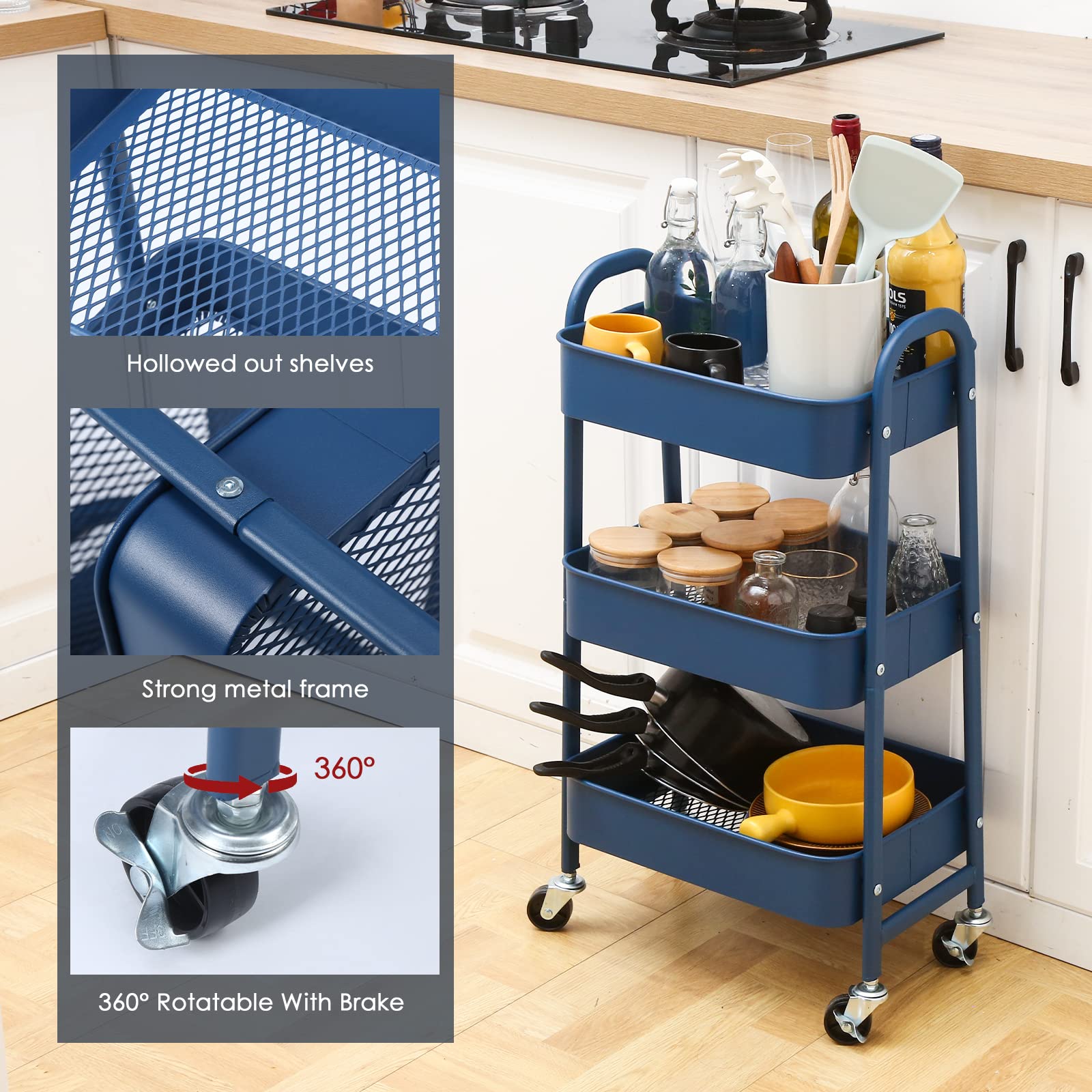 WELL-STRONG Metal Storage Trolley - 3-Tier Rolling Cart with Lockable Wheels - Multi-Purpose Utility Cart with Handle - Mobile Shelving Organizer for Bathroom, Office, Kitchen, Bedroom Navy Blue