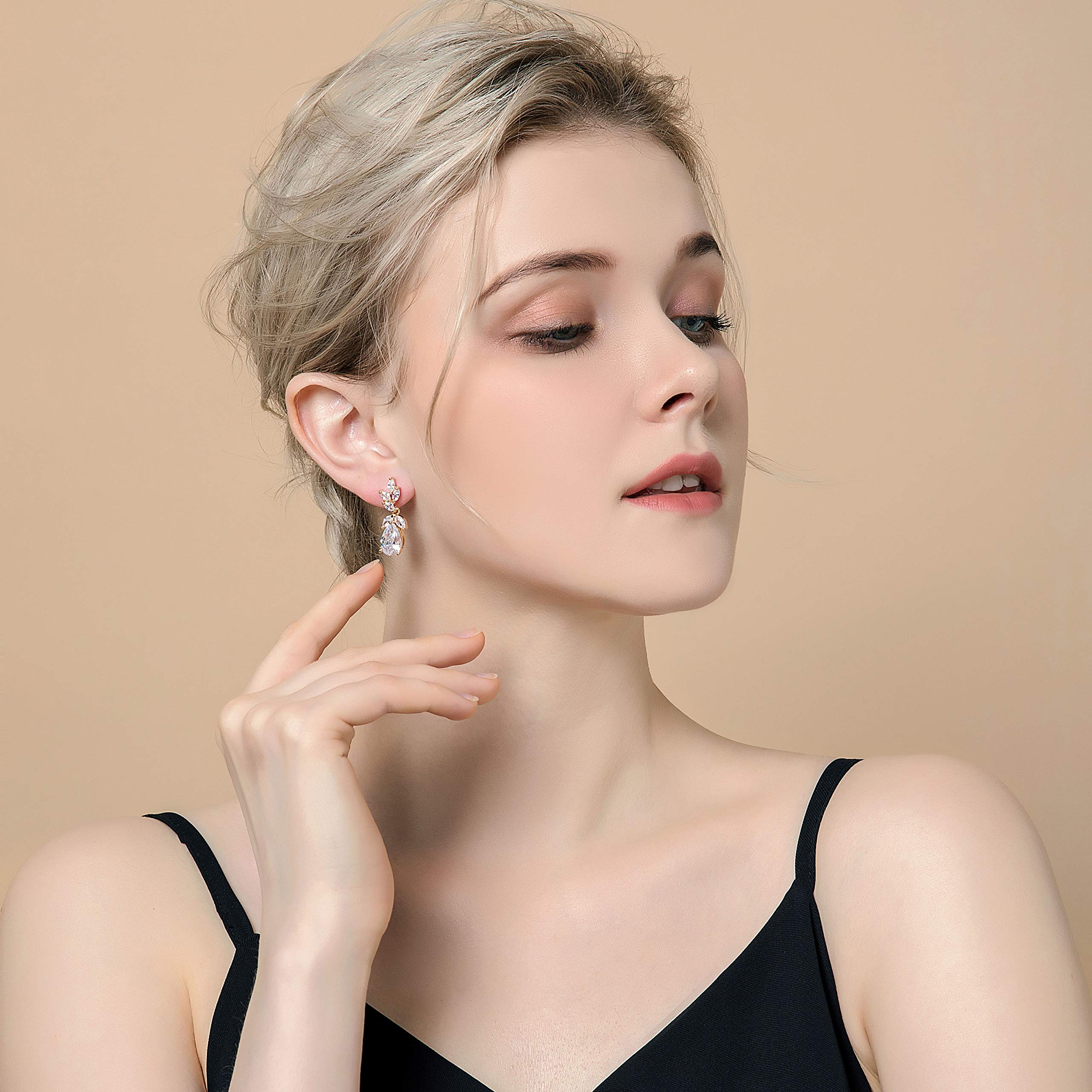 Women's Cubic Zirconia Bridal Earring - Elegant Gold Plated Teardrop Cluster Floral Leaf CZ Crystal Rhinestone Wedding Earring for Bride