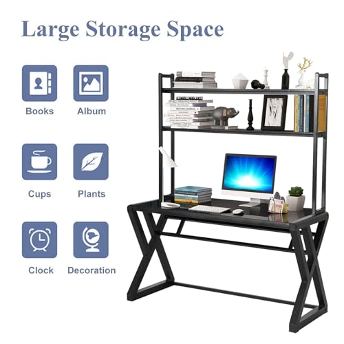 URRED Computer Desk with Shelves - Glass Top and Metal Frame Black Desk with 2 Tiers Shelves Modern Computer Desk with Storage Shelves for Home Office (55.1 inch+Shelves)