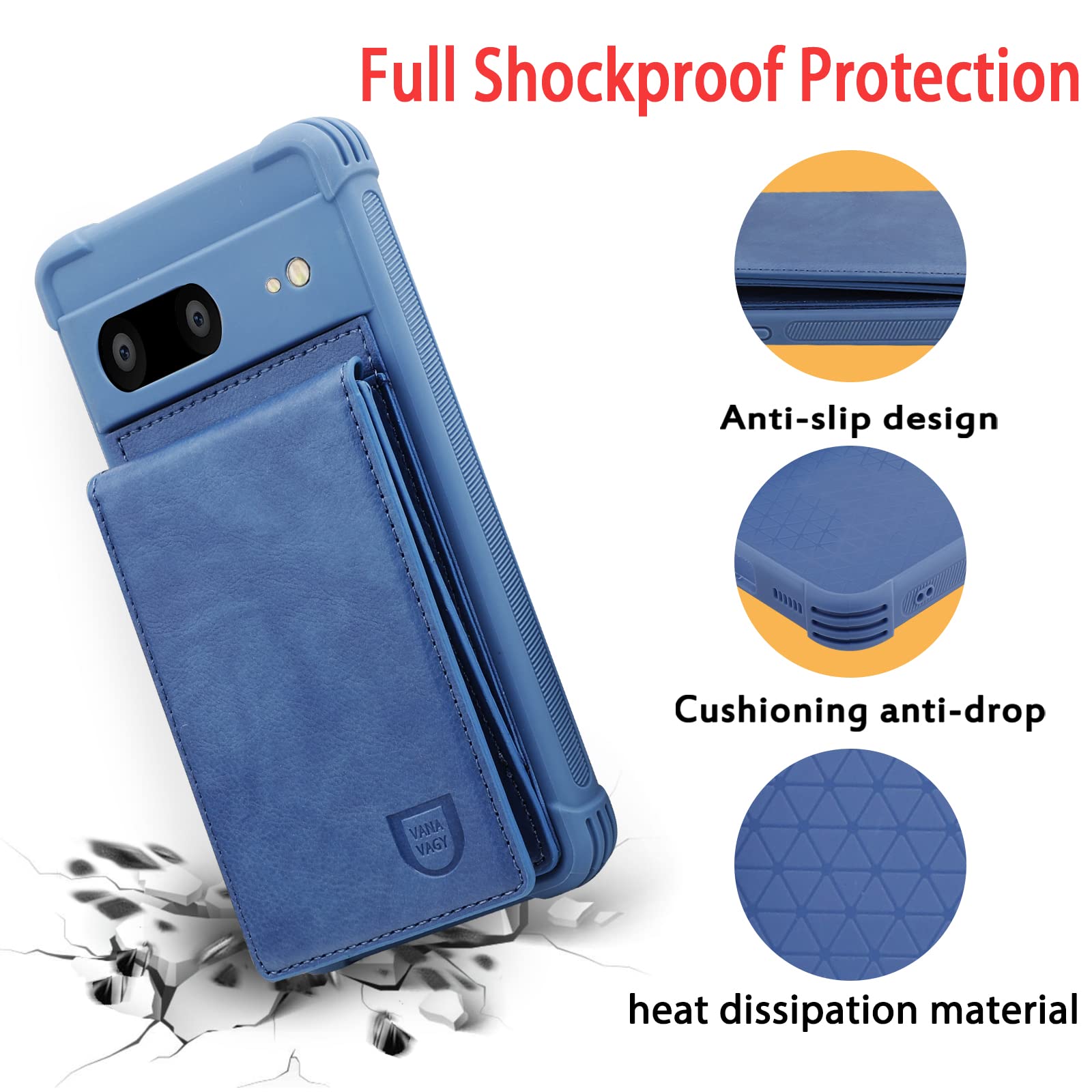 VANAVAGY Google Pixel 7 Wallet Case for Women and Men,Leather Magnetic Clasp Flip Folio Phone Cover with Credit Card Holder and Coin Pocket,Blue