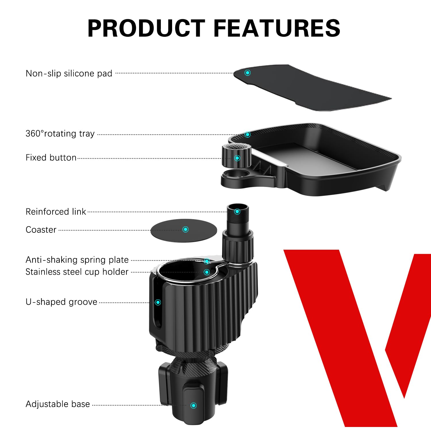 Vacallity Multifunctional Car Cup Holder Tray for Car Cup Holder Expander Table, Dual Cup Holder with Food Tray Adjustable Base for Road Trip Essentials Car Accessories, Fits Large Bottles Mugs