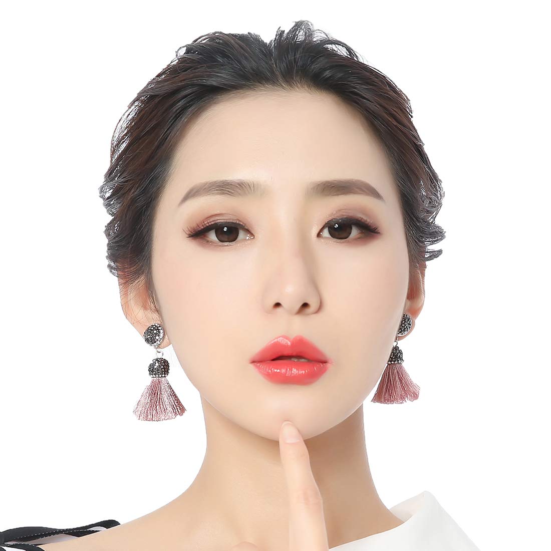 Women's Dangle Drop Short Tassel Earrings with Shell Pearl Black Rhinestone Top