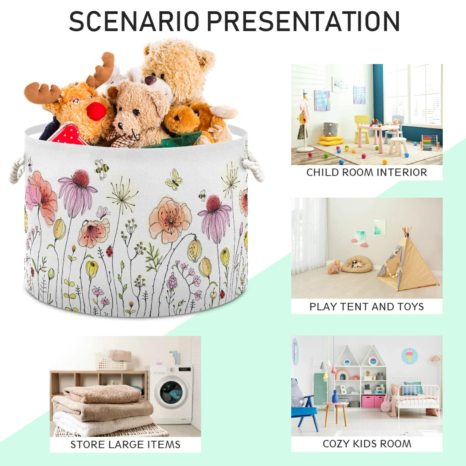 xigua Cotton Rope Basket Colorful Wildflowers Baby Laundry Basket Blanket Kids Toy Storage Basket Glove Box
