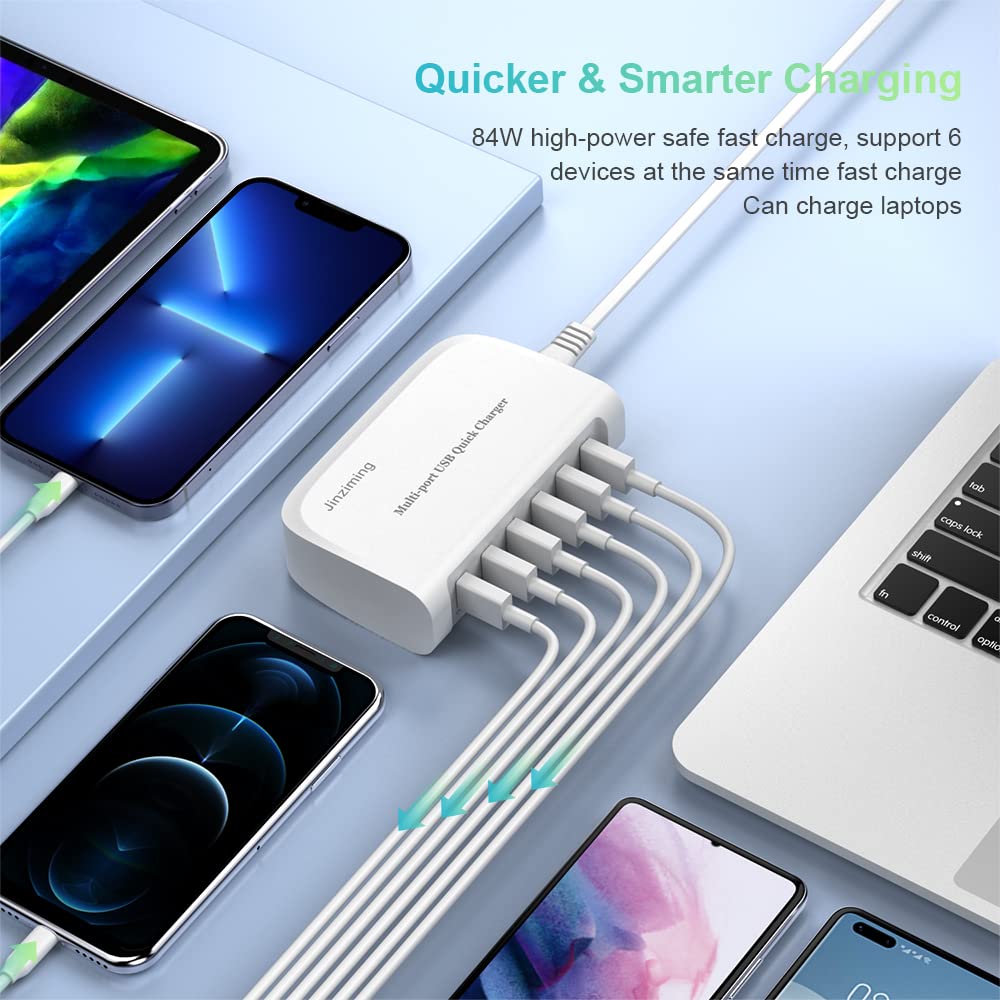 USB Charging Station Wall Charger for Multiple Device 6 Ports Charging Hub USB Power Strip Adapter 84W Phone Charging Block Multi Port QC3.0 Fast Charge Dock Compatible with iPhone iPad Galaxy Tablet