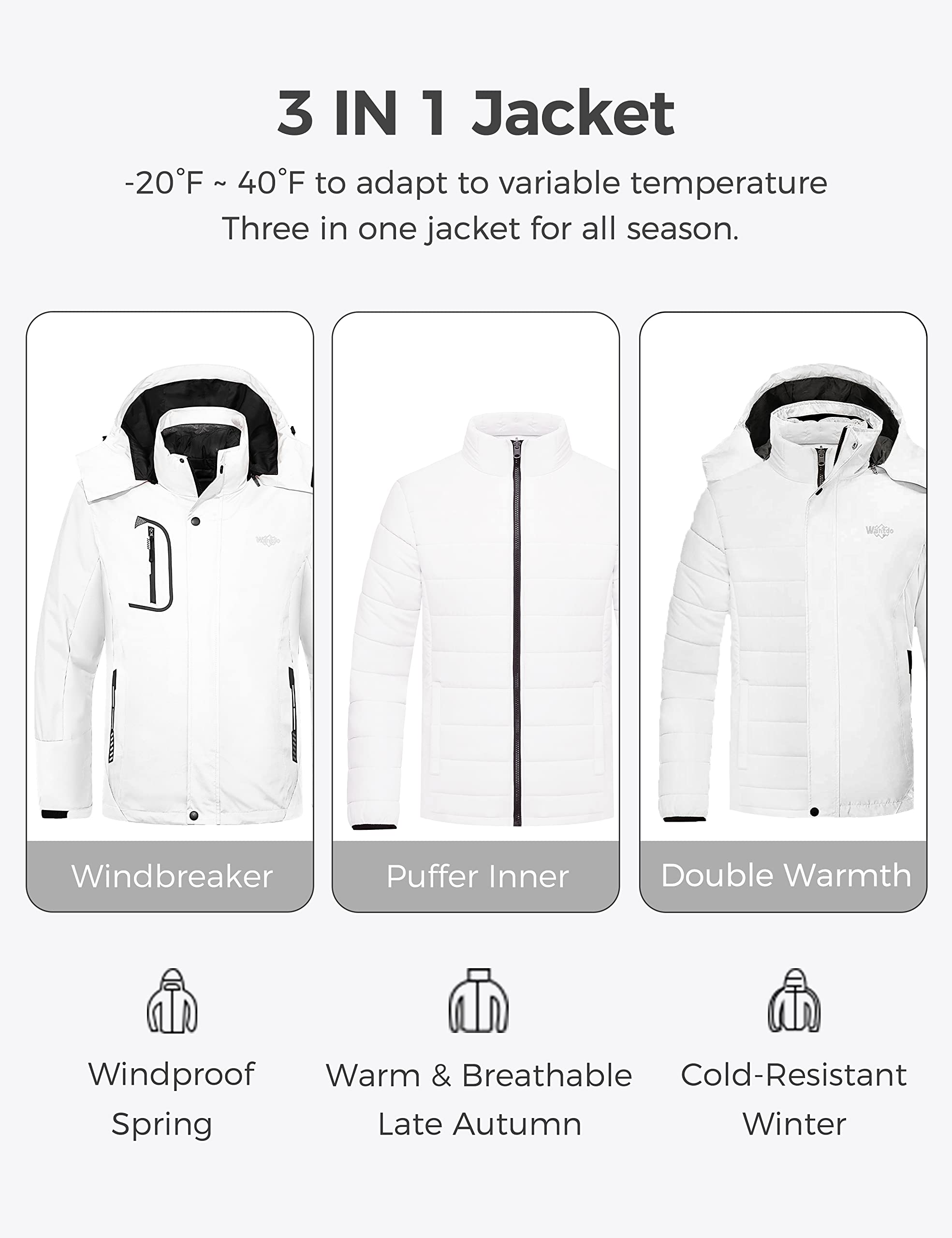 wantdo Men's Ski Jacket 3 in 1 Waterproof Snow Jacket Black Large