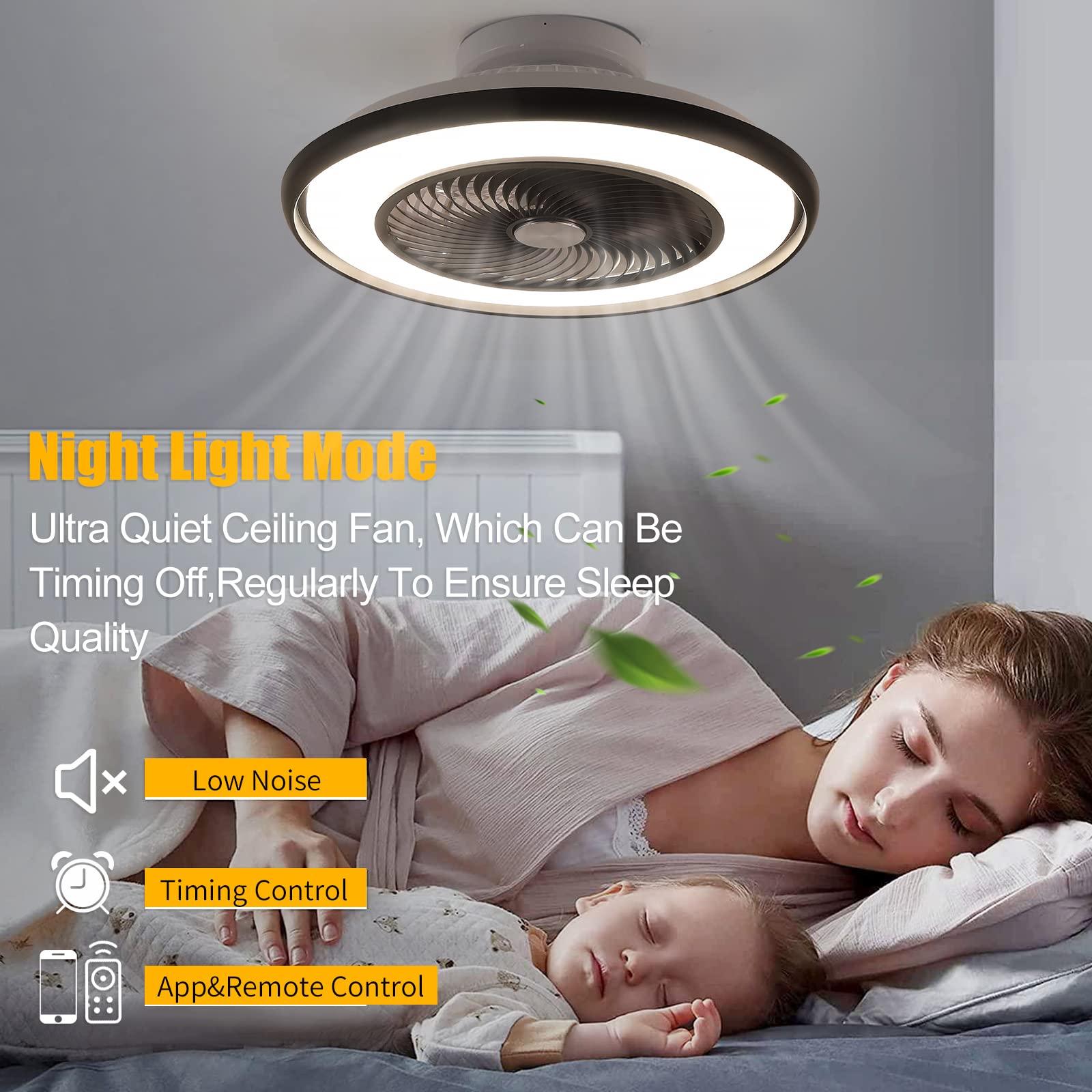 Surtime Ceiling Fans with Lights and Remote Control,Modern Low Profile Bladeless Small Ceiling Fan for Bedroom,22" Flush Mount Enclosed Ceiling Fans