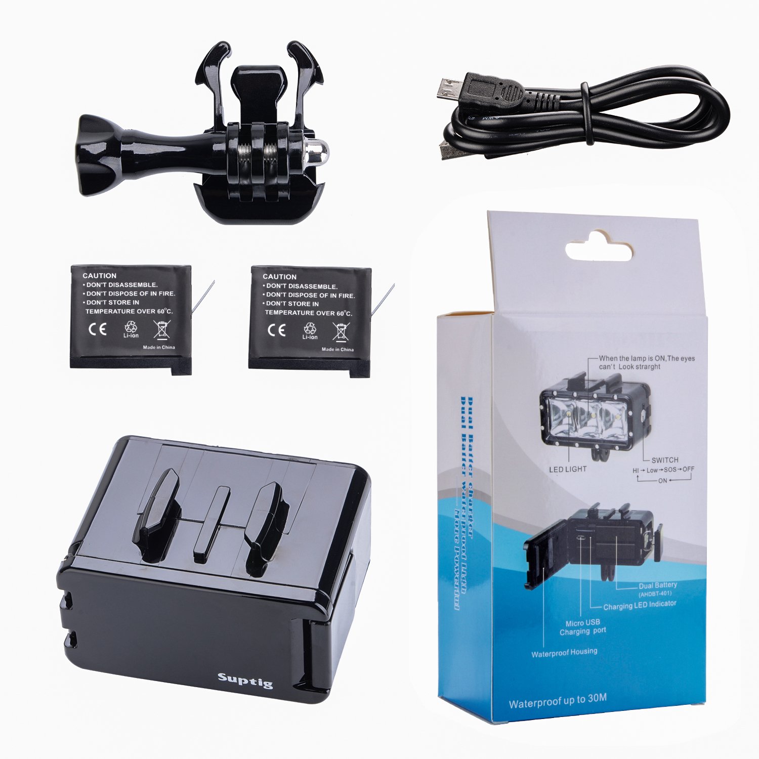 Suptig Waterproof Light High Power Dimmable Dual Battery Waterproof LED Video Light Fill Night Light Diving Underwater Light for Gopro Hero 11/10/9/8/7/6/5/4/3+/3 session more action cam