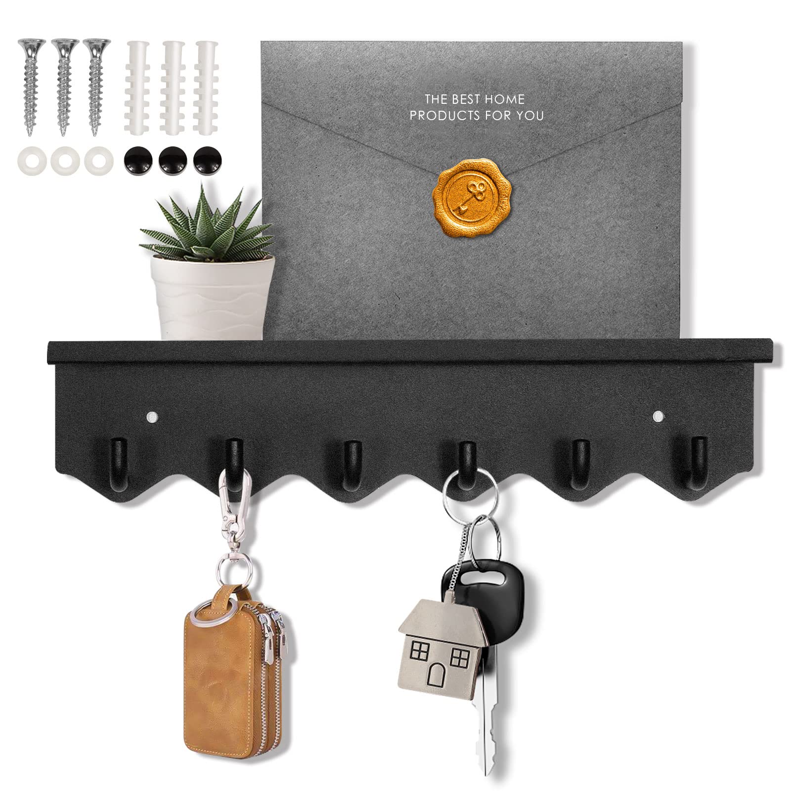 Wapodeai Key Rack with Tray, Self Adhesive or Screw Dual Use Key Rack with Small Shelf and 6 Metal Hooks, Key Holder for Wall Decorative, Suitable for Office, Foyer, Kitchen, Hallway (Black)
