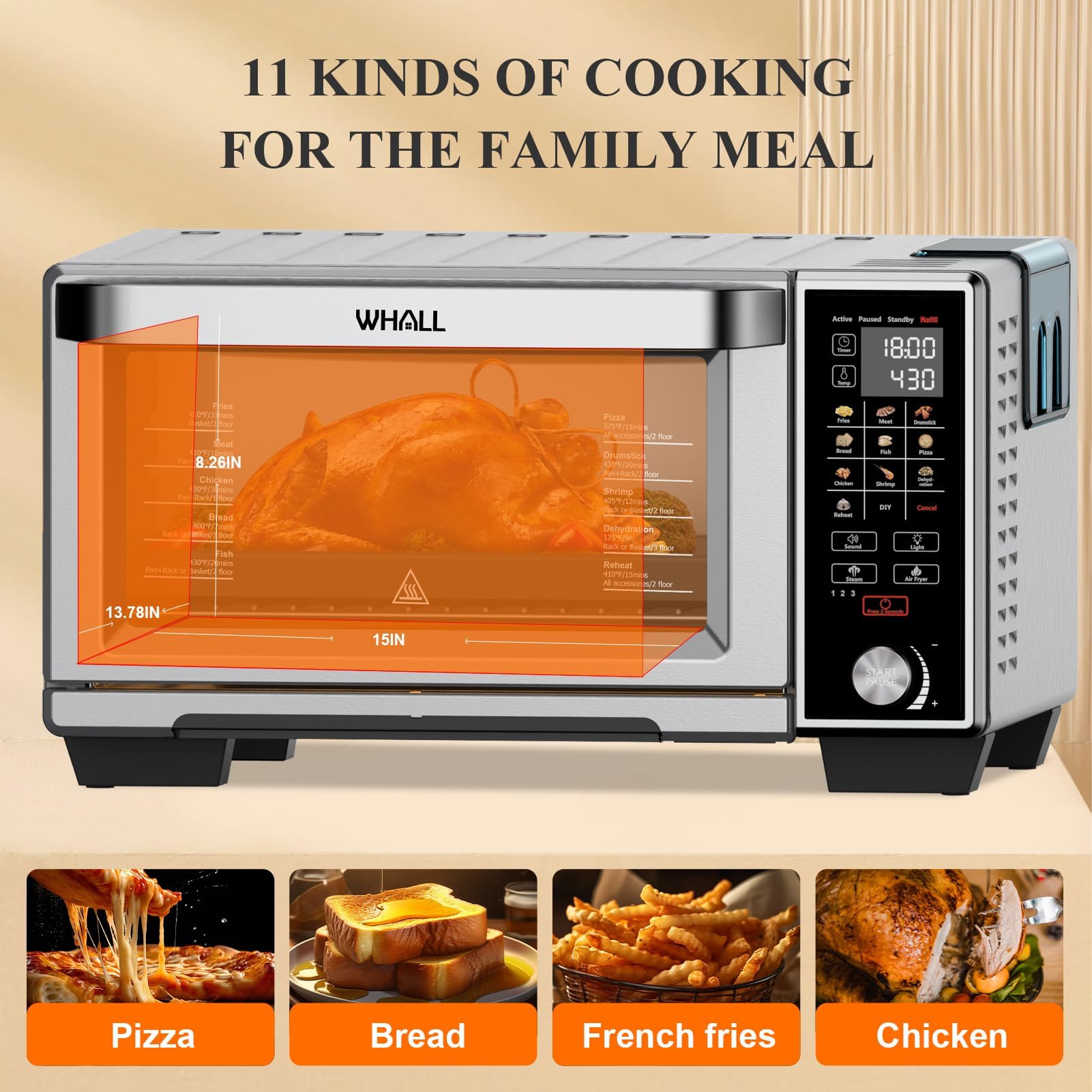 WHALL Toaster Oven Air Fryer, Max XL Large 30-Quart Smart Oven,11 function Toaster Oven Countertop with Steam Function,12-inch Pizza/1700W