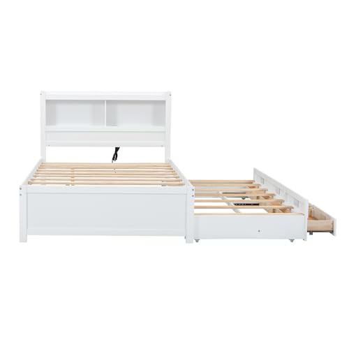 WOXYX Full Size Platform Bed, Wood Beds Frame with Trundle, Drawers and USB Plugs,White