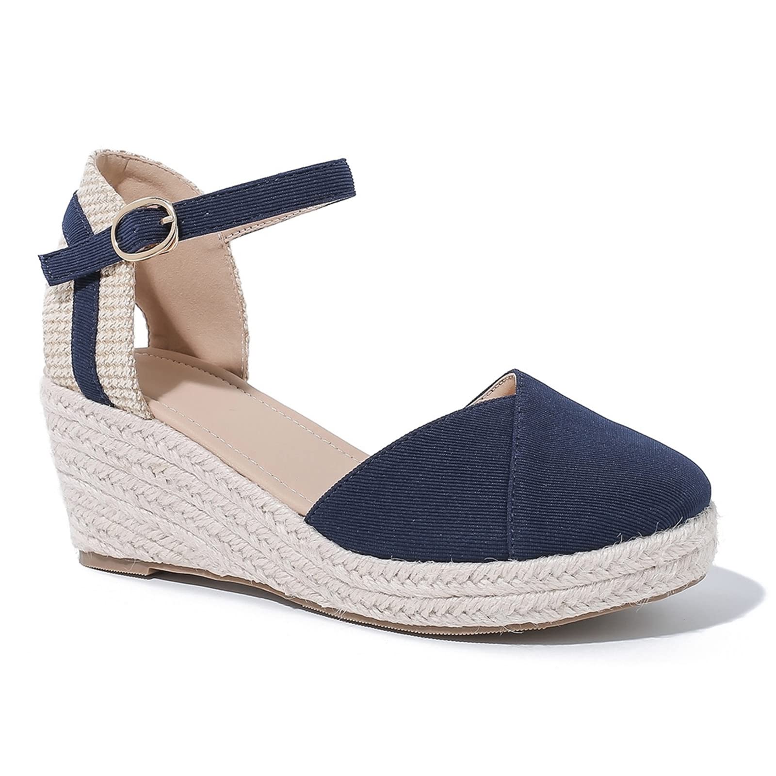 Women Sandals Summer New Pattern Linen Fashion Round Toe Thick Sole Wedge Comfortable Non Womens Lace up Sandals Size 11 (Blue, 6.5)