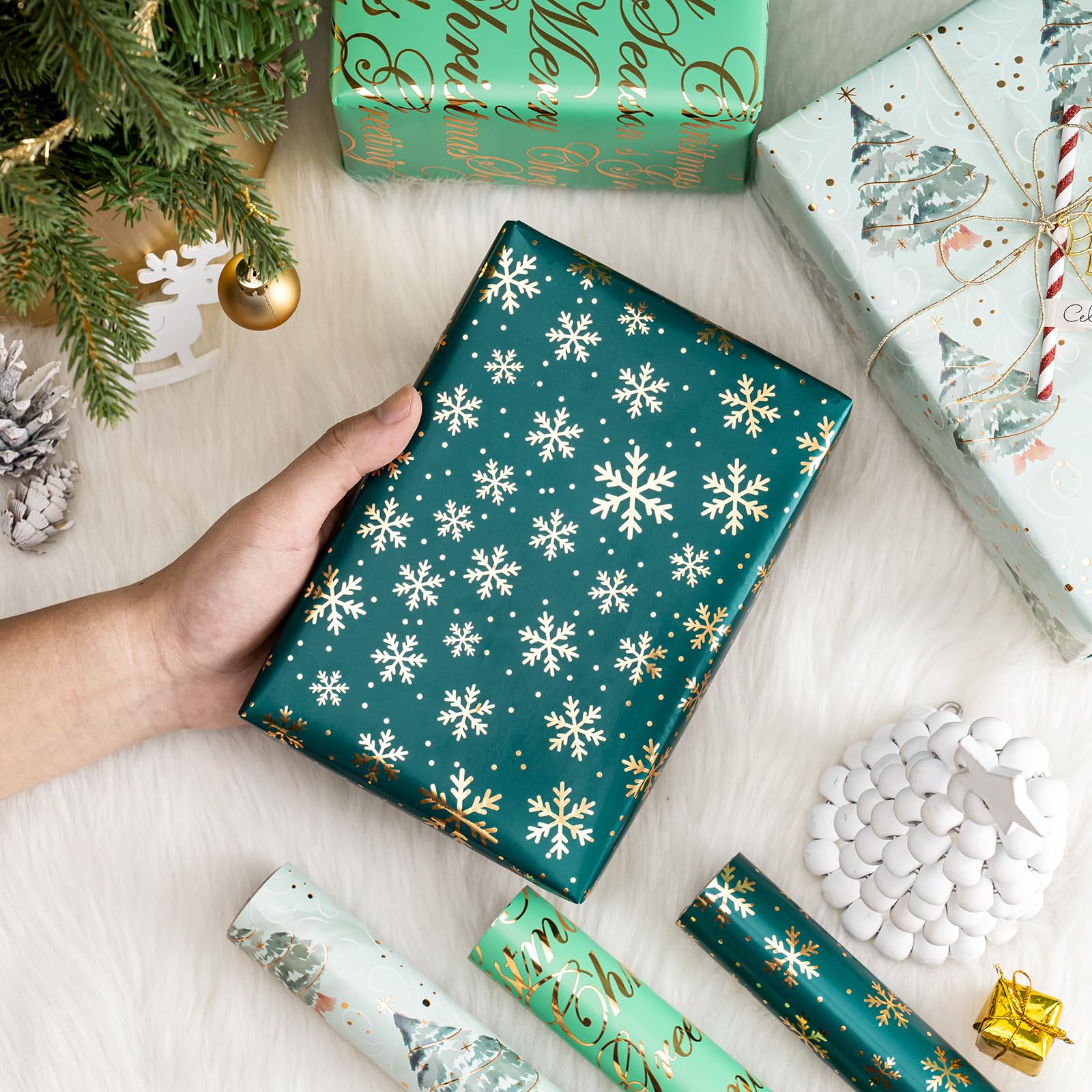 WRAPAHOLIC Christmas Wrapping Paper Roll - Mini Roll - 3 Rolls - 17 Inch X 120 Inch Per Roll - Green Christmas Tree, Snowflake Holiday Collection with Metallic Foil Shine