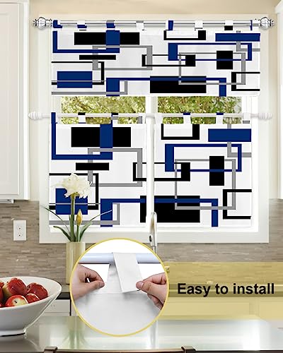 WARM TOUR Tab Top Curtain Valance and Tiers Set,Modern Abstract Blue Black Grey Block Light Filtering Kitchen Curtains Valances,Minimalism Lines Geometric Art Cafe Window Treatment Drapes for Bedroom