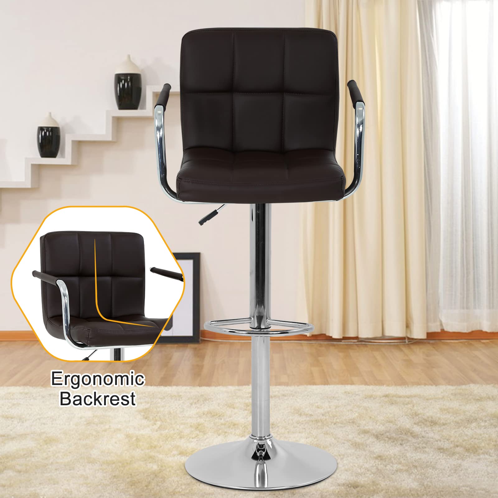 Tyyps Bar Stools Set of 2 Black Bar Chairs Arms, 360 Degree Swivel Counter Height Stools Adjustable Bar Stool Back and PU Leather Bar Chair Modern Island Chairs for Kitchen Dining Room Pub (White)