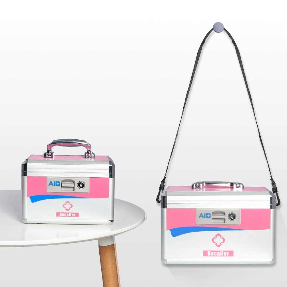 Decaller First Aid Box with Security Lock, Medical Box with Removable Tray for Drugs Storage, 12" x 8 1/5" x 8 1/5", Medium, Pink