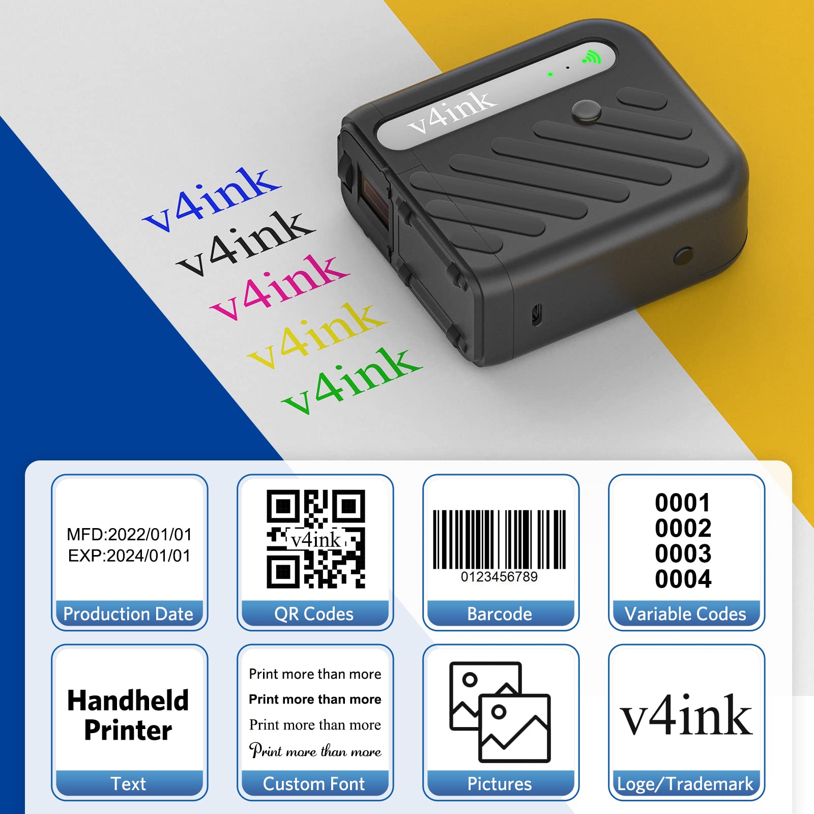 v4ink B10 Mini Handheld Printer Portable Mobile Wireless WiFi Connect with iOS/Android APP 0.09-0.5 inch Height QR-Code Picture Date DIY Logo Number Text Batch Series on All Materials