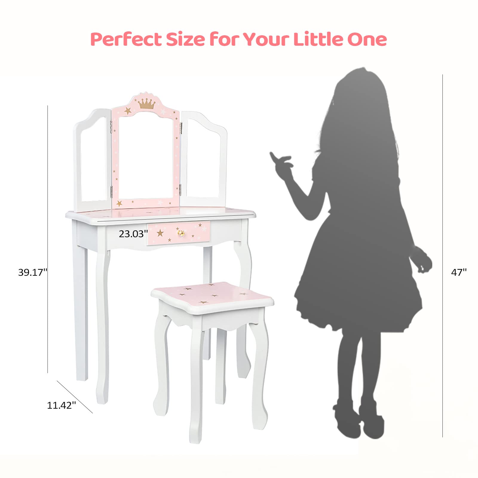 VALUE BOX Kids Vanity Table and Stool for Makeup Dressing with Mirrors Drawers, White Pink