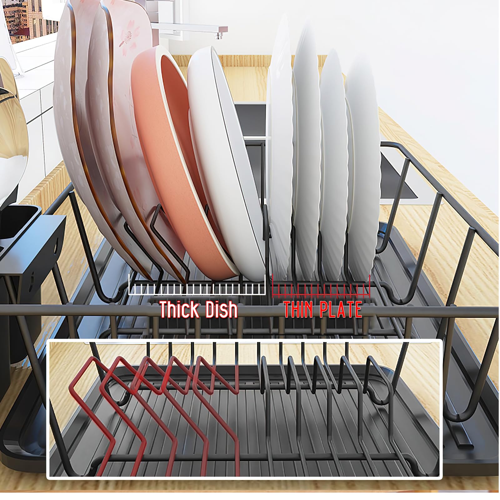YZHDUXIU Dish Drying Rack, Large-Capacity Dish Rack with Automatic Drainboard, Dish Racks for Kitchen Counter, Durable Drying Rack for Countertop, Dish Drainer with Utensil Holder for Dishes, Spoons…