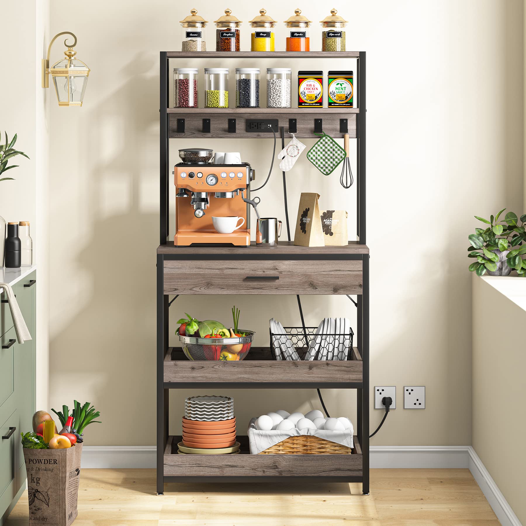 Tribesigns Kitchen Bakers Rack with Power Outlets, 5-Tier Microwave Oven Stand with Drawer and Sliding Shelves, Freestanding Coffee Bar, Kitchen Storage Shelf Organizer with 6 Hooks, Grey