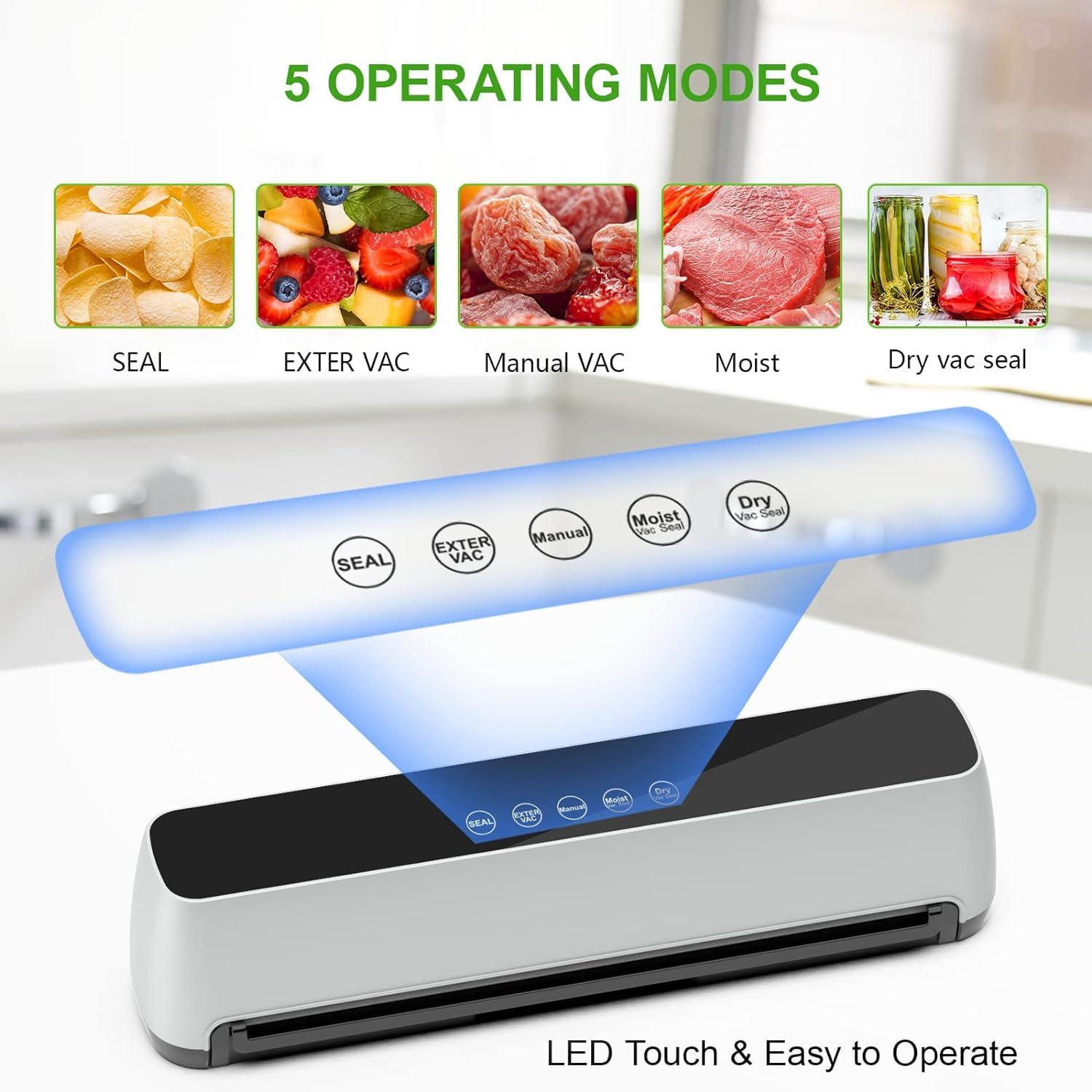 Vacuum Sealer Machine New Upgraded One-Touch Full Automatic Vacuum Sealer with LED Touch Screen Indicator Lights,Air Sealing System for Food Storage Dry/Moist Modes with 15 Seal Bags and 1 Hose.