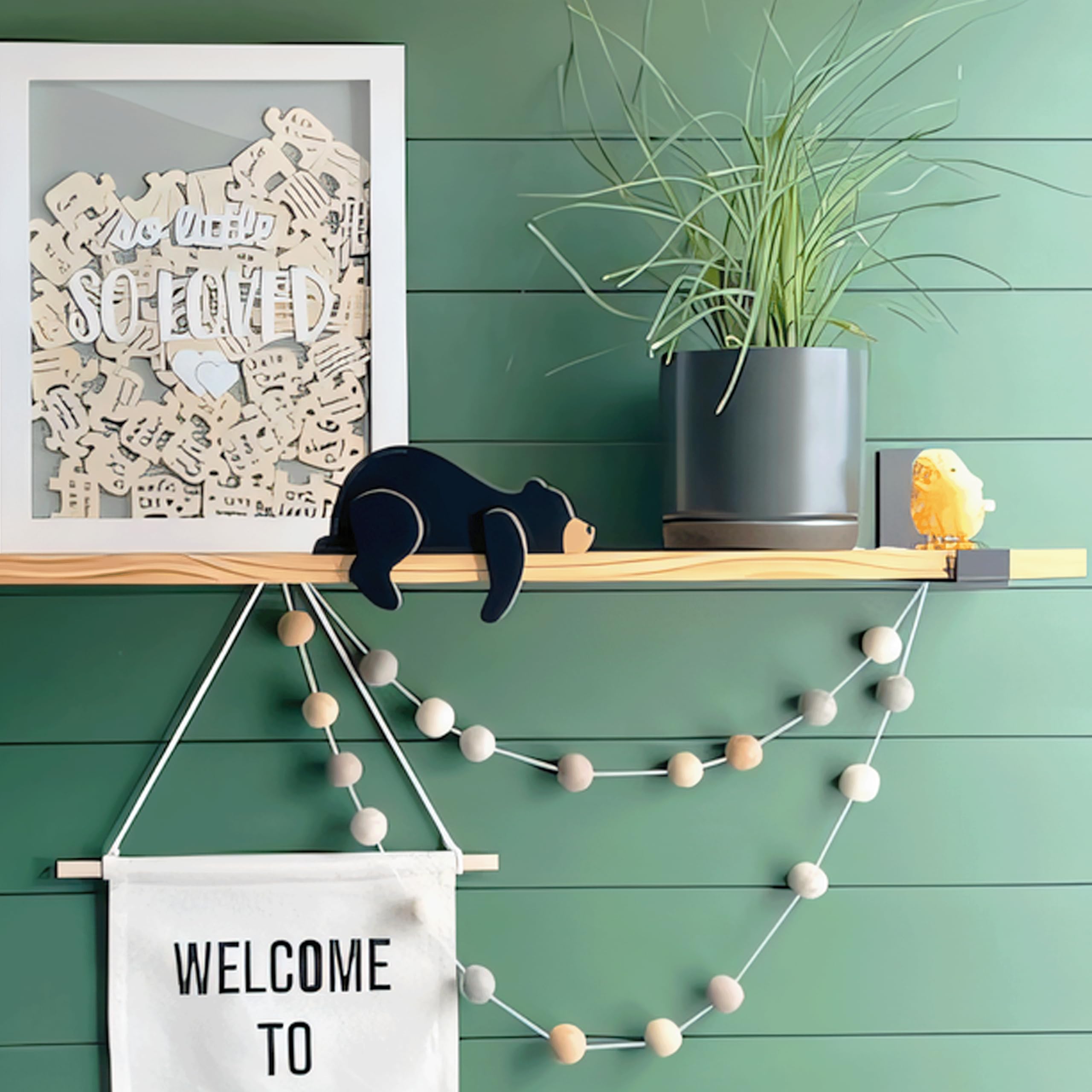 Woodland Nursery Decor For Baby, Black Bear Decoration, Wooden Wilderness Sleeping Bear, Safari Forest Decor For Classroom Bedroom Nursery Room Shelf (Black)