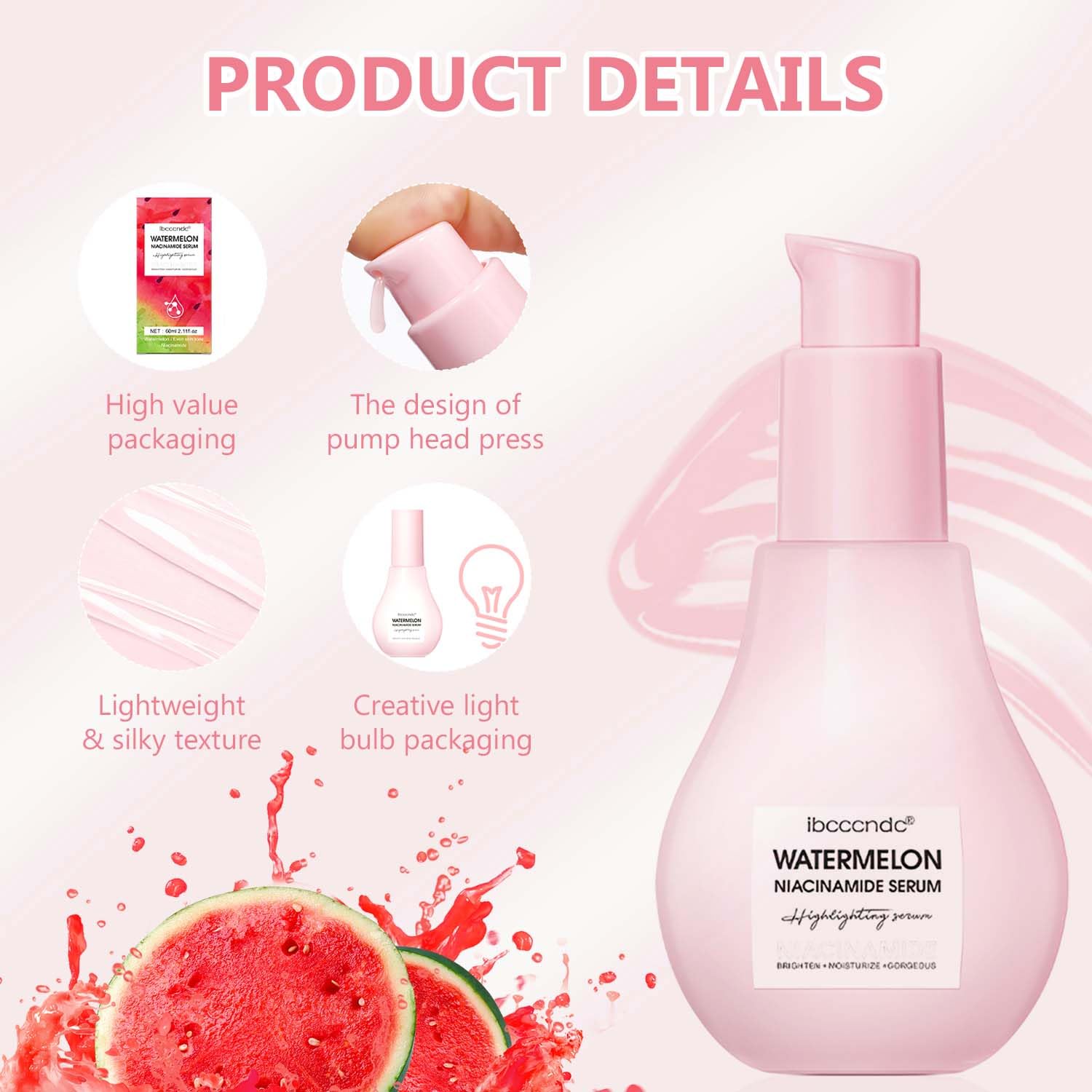 Watermelon Niacinamide Serum, Watermelon Highlighting Serum - Moisturize, and Lightweight Facial Serum & Priming Liquid Highlighter