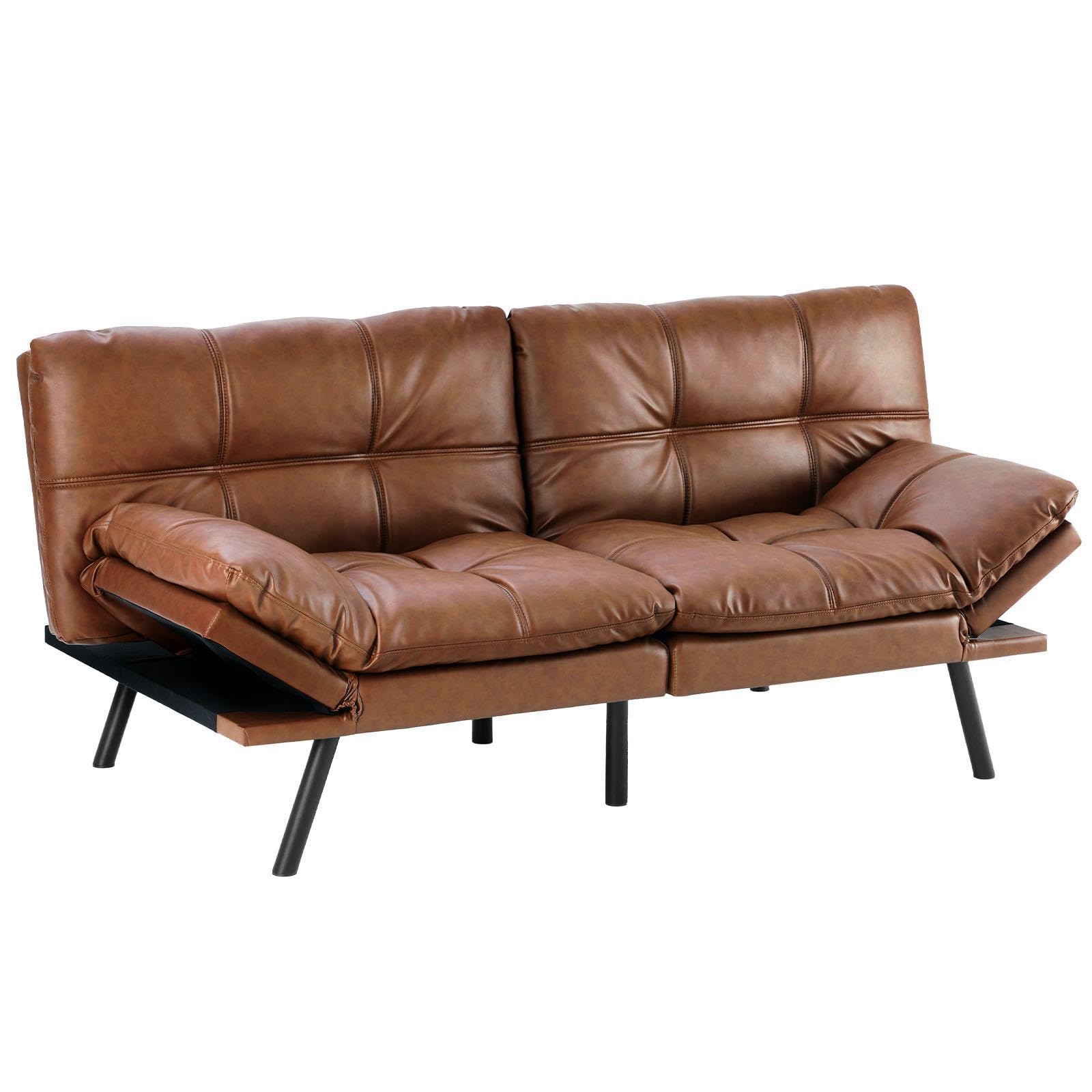 Sweetcrispy Futon Sofa Bed - Leather Sofa Futon Couch, Memory Foam Couch, Convertible Loveseat for Living Room, Leather, Brown