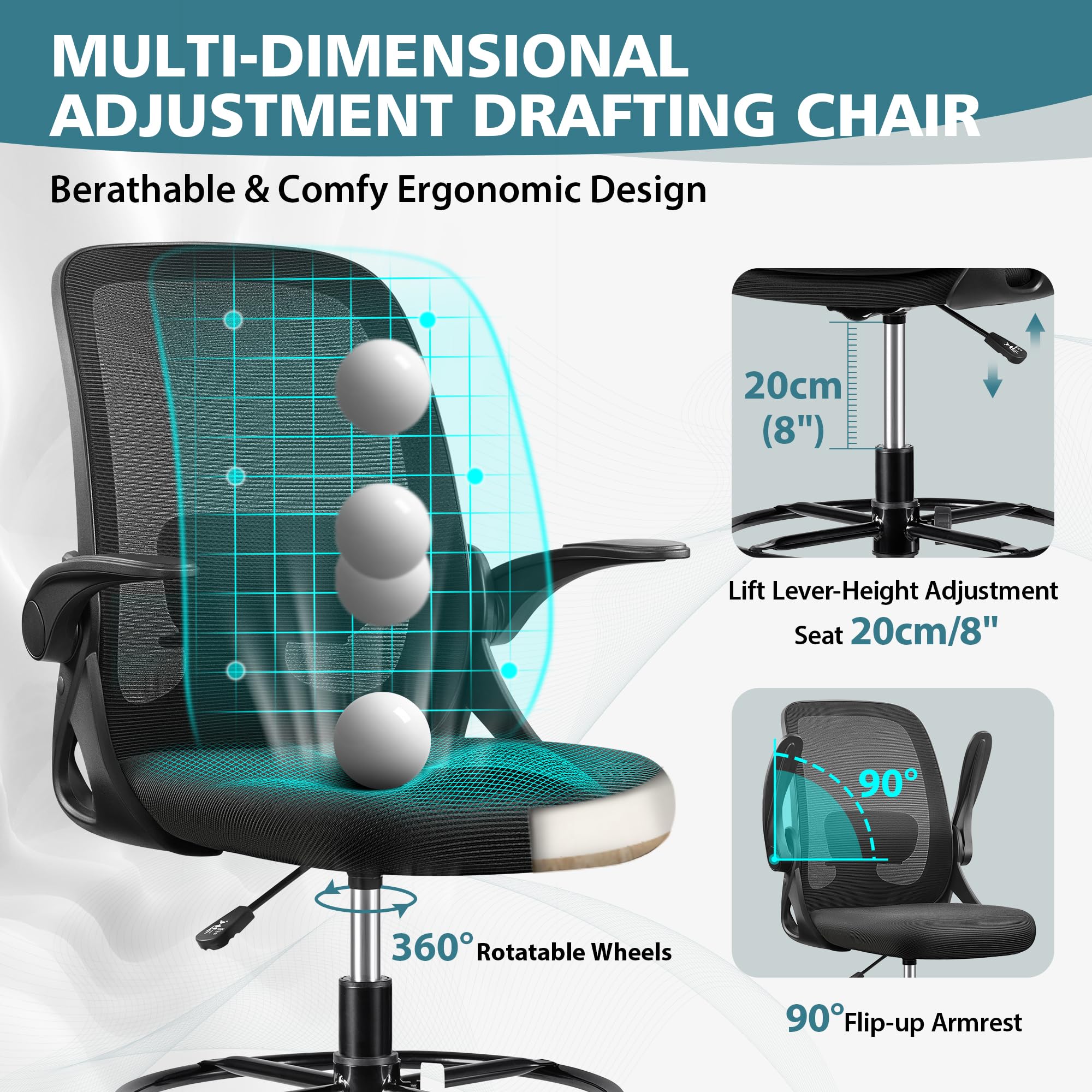 Winrise Drafting Chair Tall Office Chair Ergonomic Desk Chairs with Lumbar Support and Flip-up Armrests, Adjustable Height Comfy Computer Chair with Swivel Task and Adjustable Foot Ring(Black)