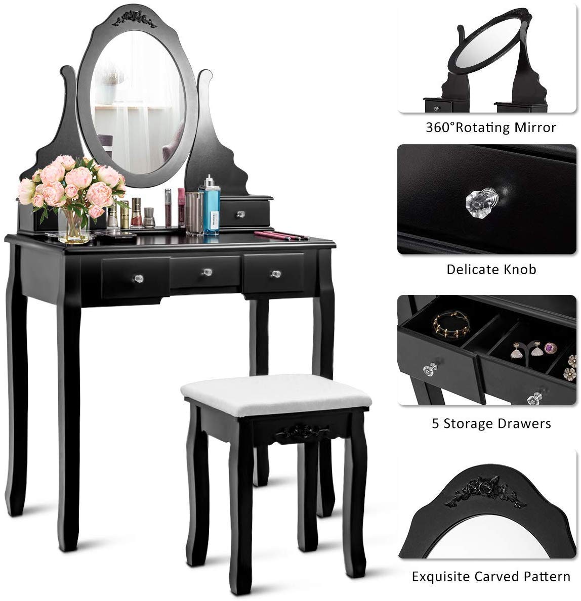 Vanity Table Set, Wooden Dressing Table with Oval 360° Rotating Mirror, 5 Storage Drawers, Painted Finish, Vanity Makeup Table with Padded Stool Seat, Detachable Table Top, Easy to Assemble (Black)